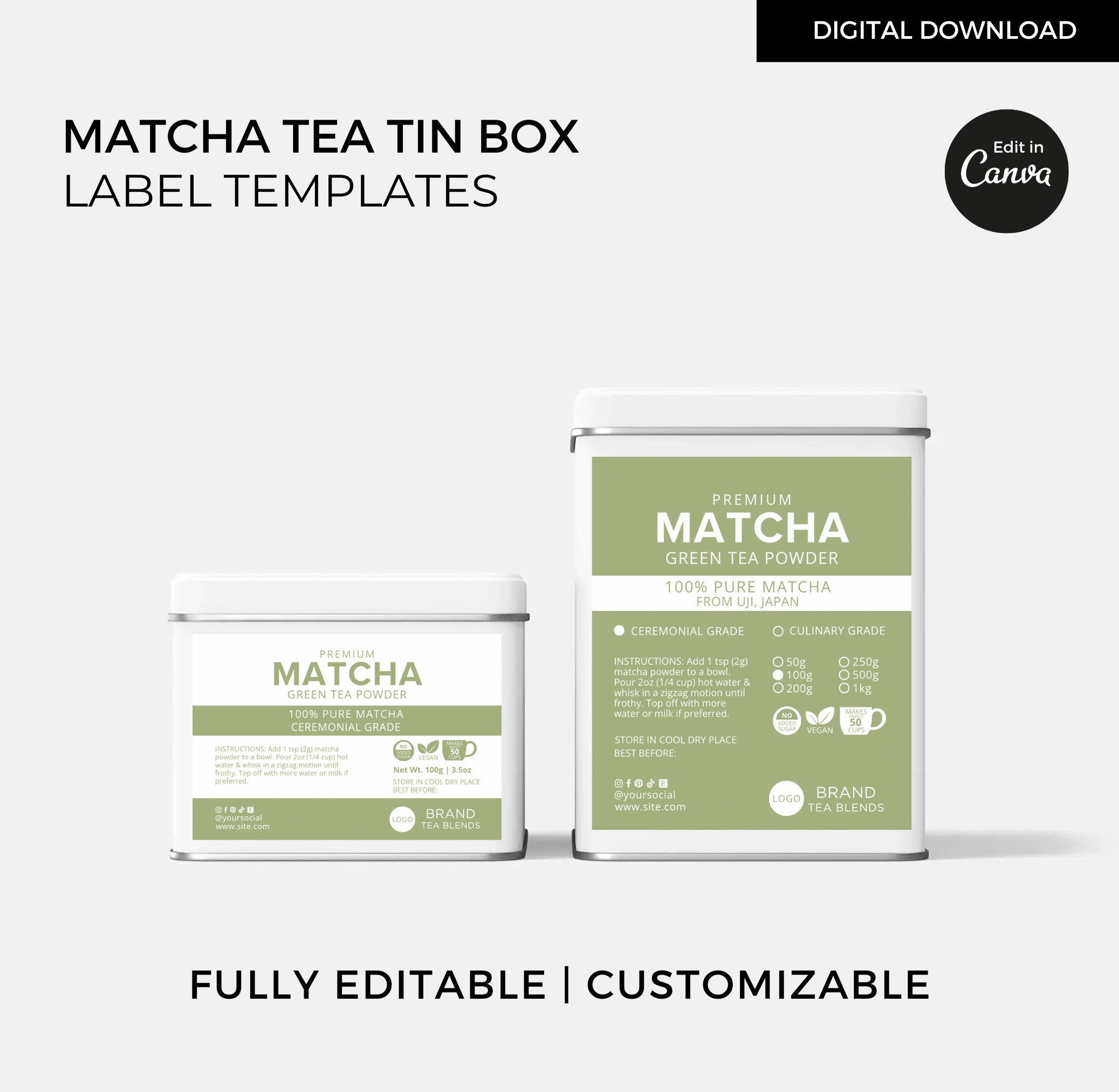 Matcha Tea Tin Can Labels Template Editable Canva, Tea Canister Label ...