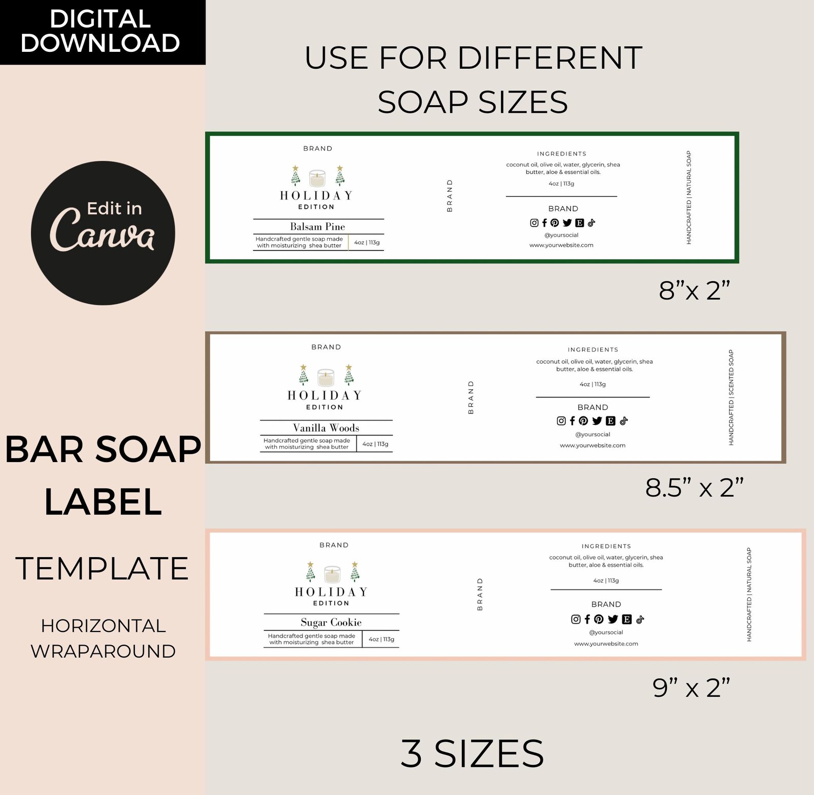 Christmas Soap Labels Template Editable Canva, Holiday Soap Label Wrap ...