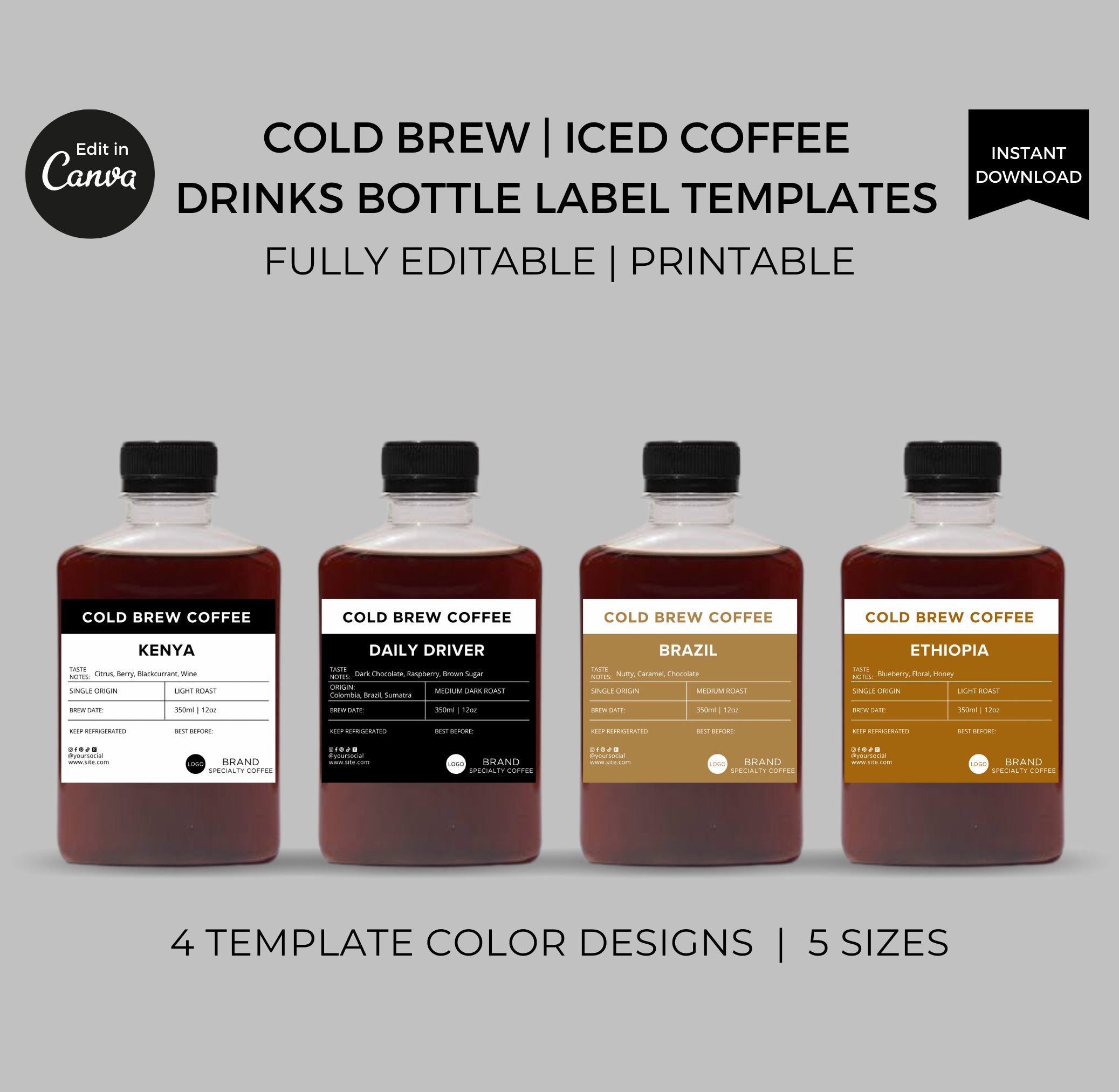 Cold Brew Coffee Bottle Labels Template Editable Canva, Juice Label ...