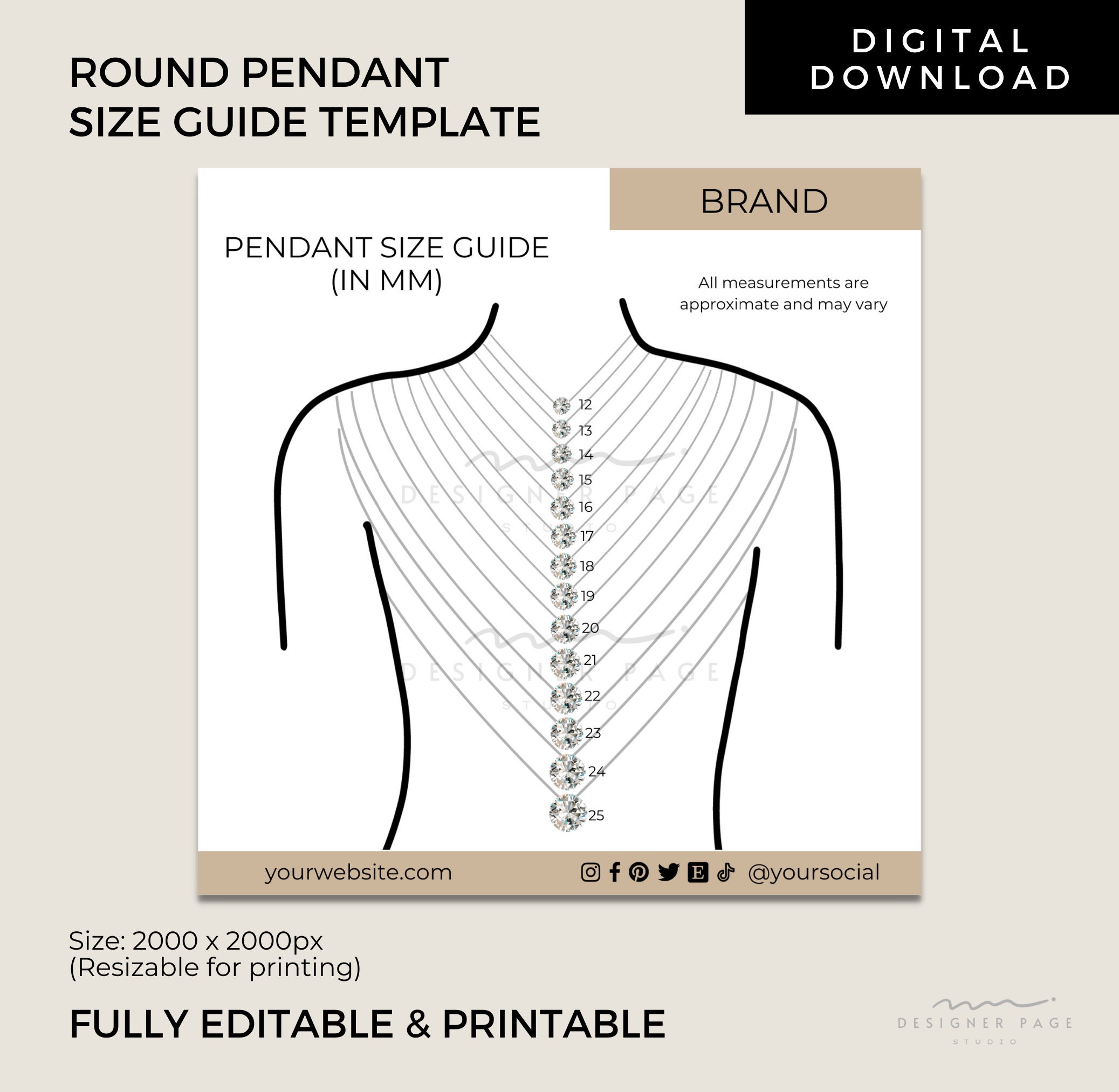Necklace Pendant Size Chart Guide Template Editable, Round Diamond Size ...