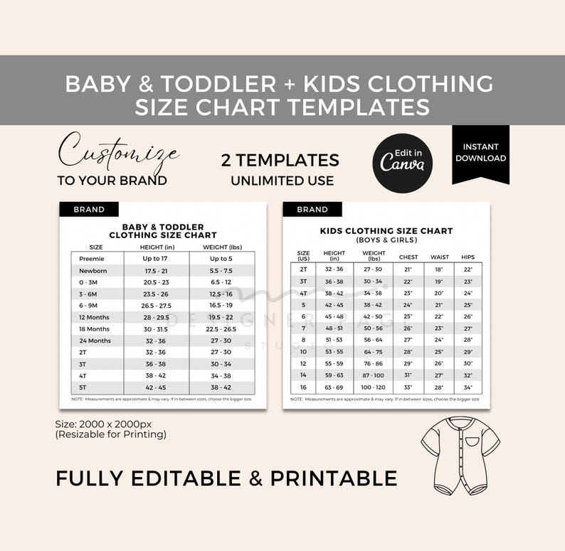 Editable Baby Toddler Clothes Size Chart Template Canva, Kids Clothing ...
