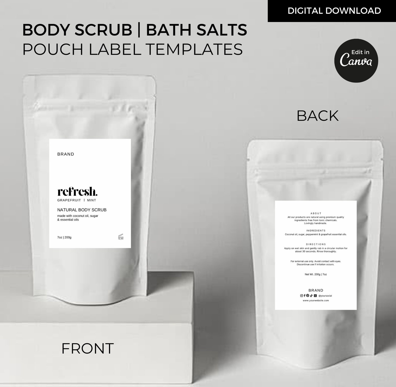 Bath Salts Pouch Label Template Editable Canva, Printable Body Scrub ...