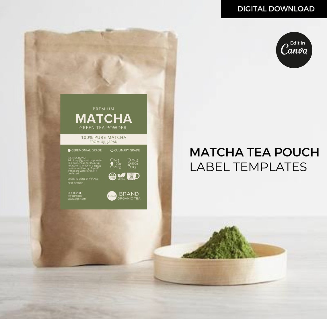 Matcha Tea Labels Template Editable Canva, Matcha Powder Tea Bag Label ...