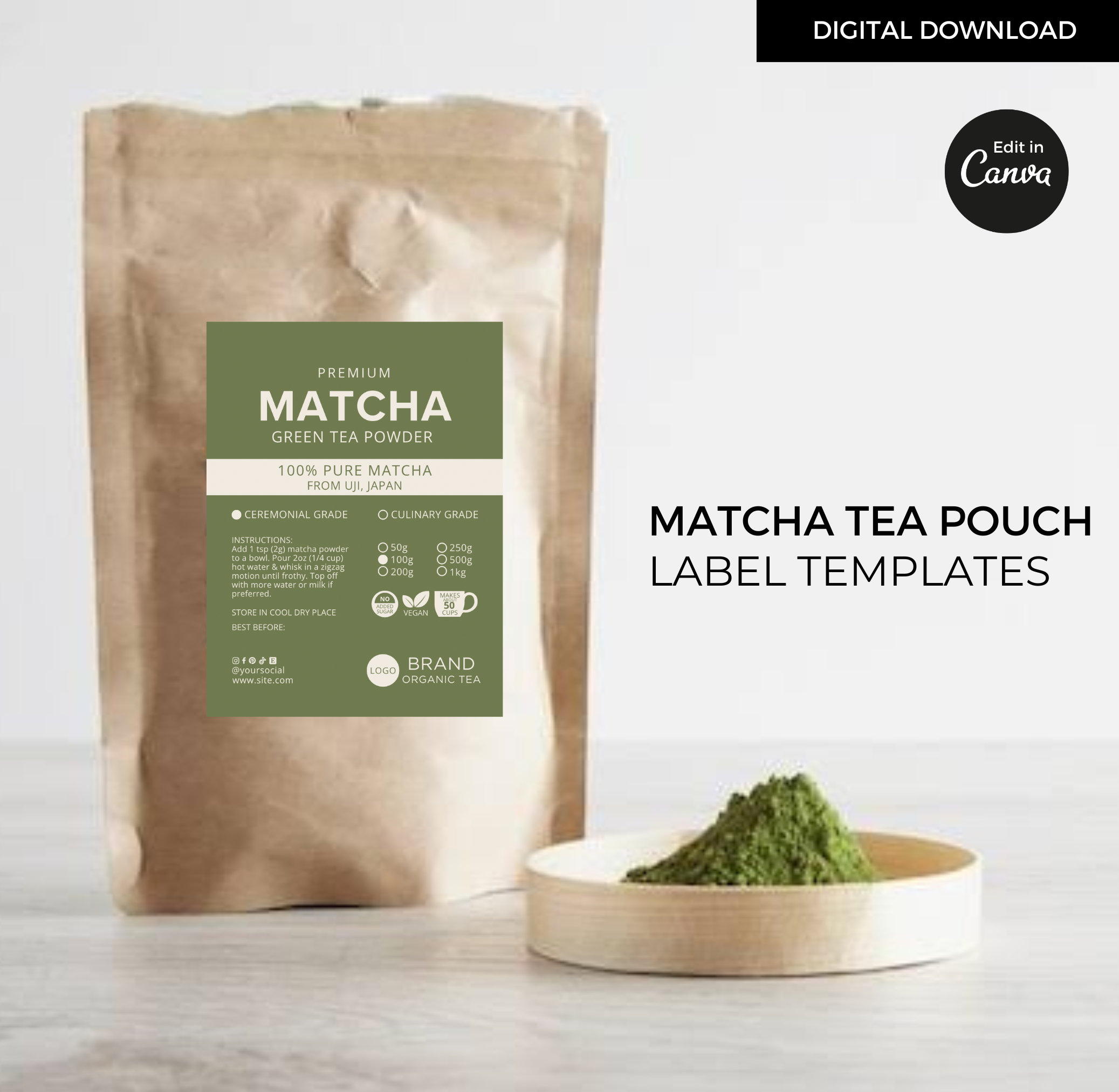 Matcha Tea Labels Template Editable Canva, Matcha Powder Tea Bag Label ...