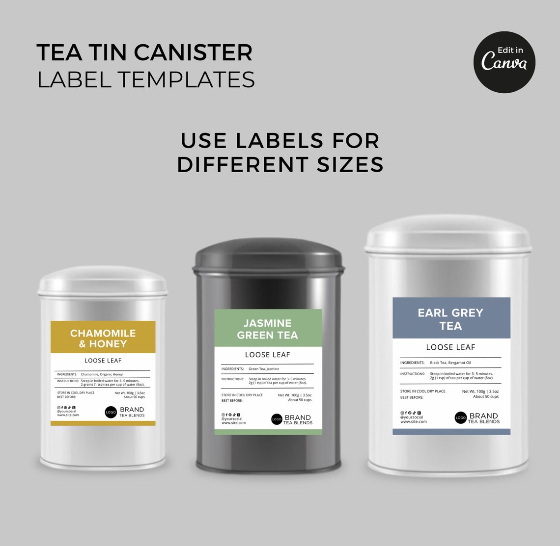 Modern Tea Tin Can Labels Template Editable Canva, Tea Canister Label ...