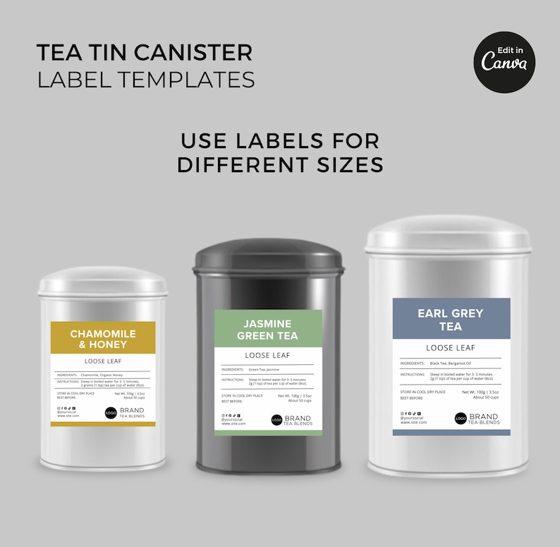 Modern Tea Tin Can Labels Template Editable Canva, Tea Canister Label ...