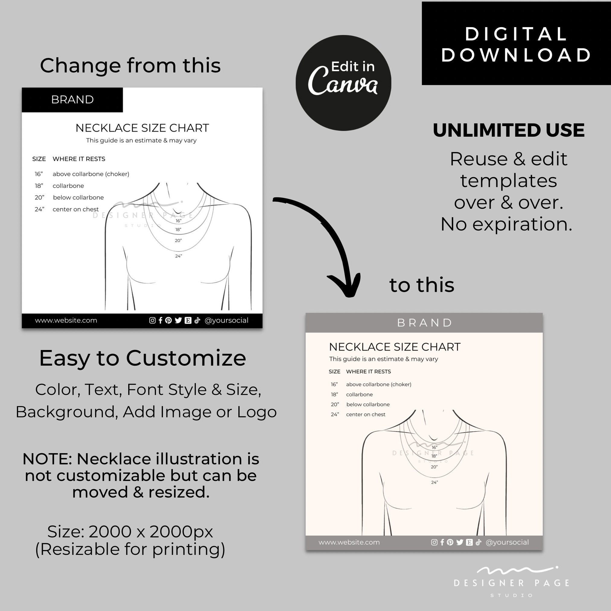 Editable Necklace Size Chart Template, Printable Necklace Length Size ...