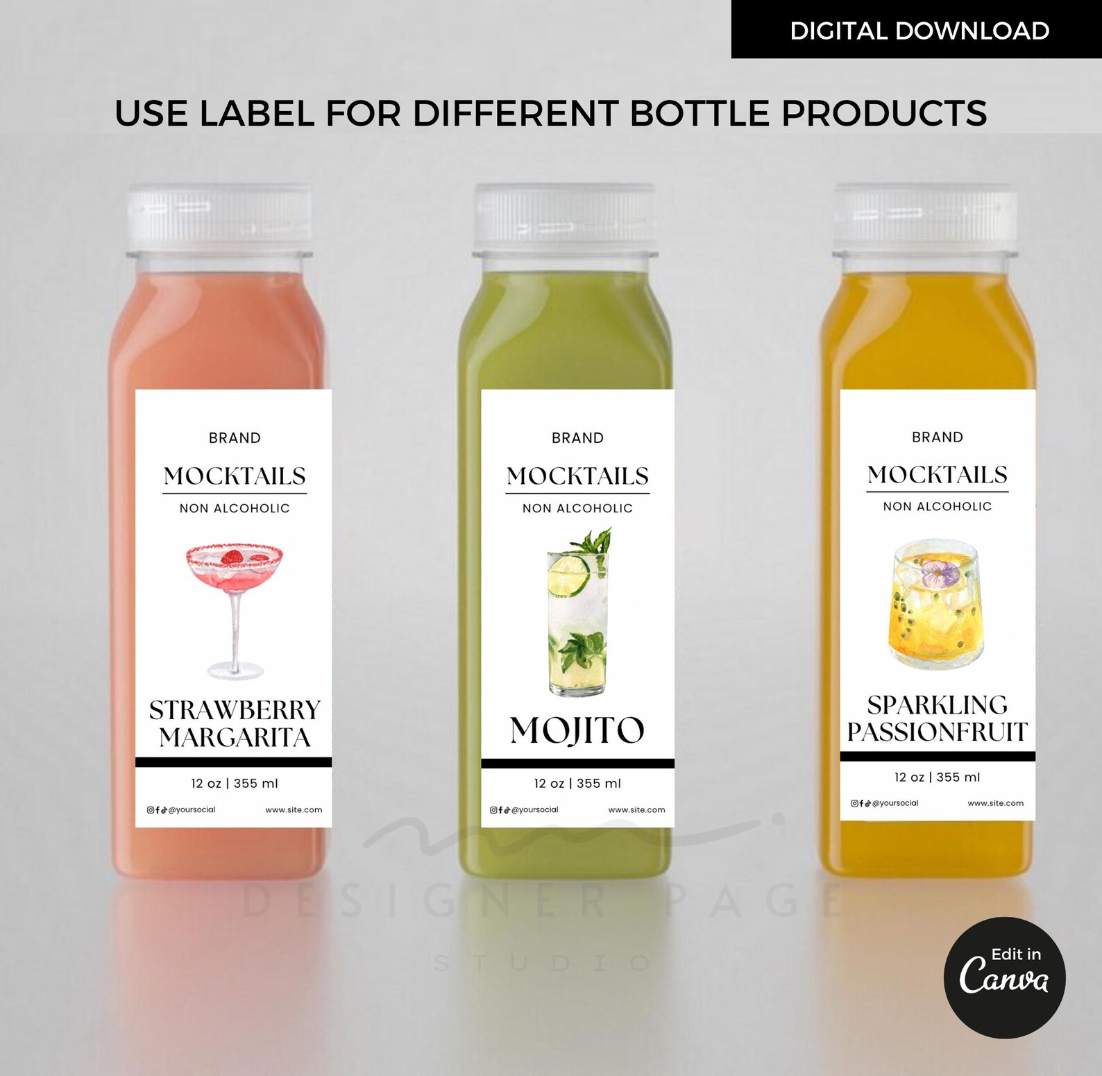 Editable Mocktail Juice Bottle Labels Template Canva, Fresh Fruit Juice ...