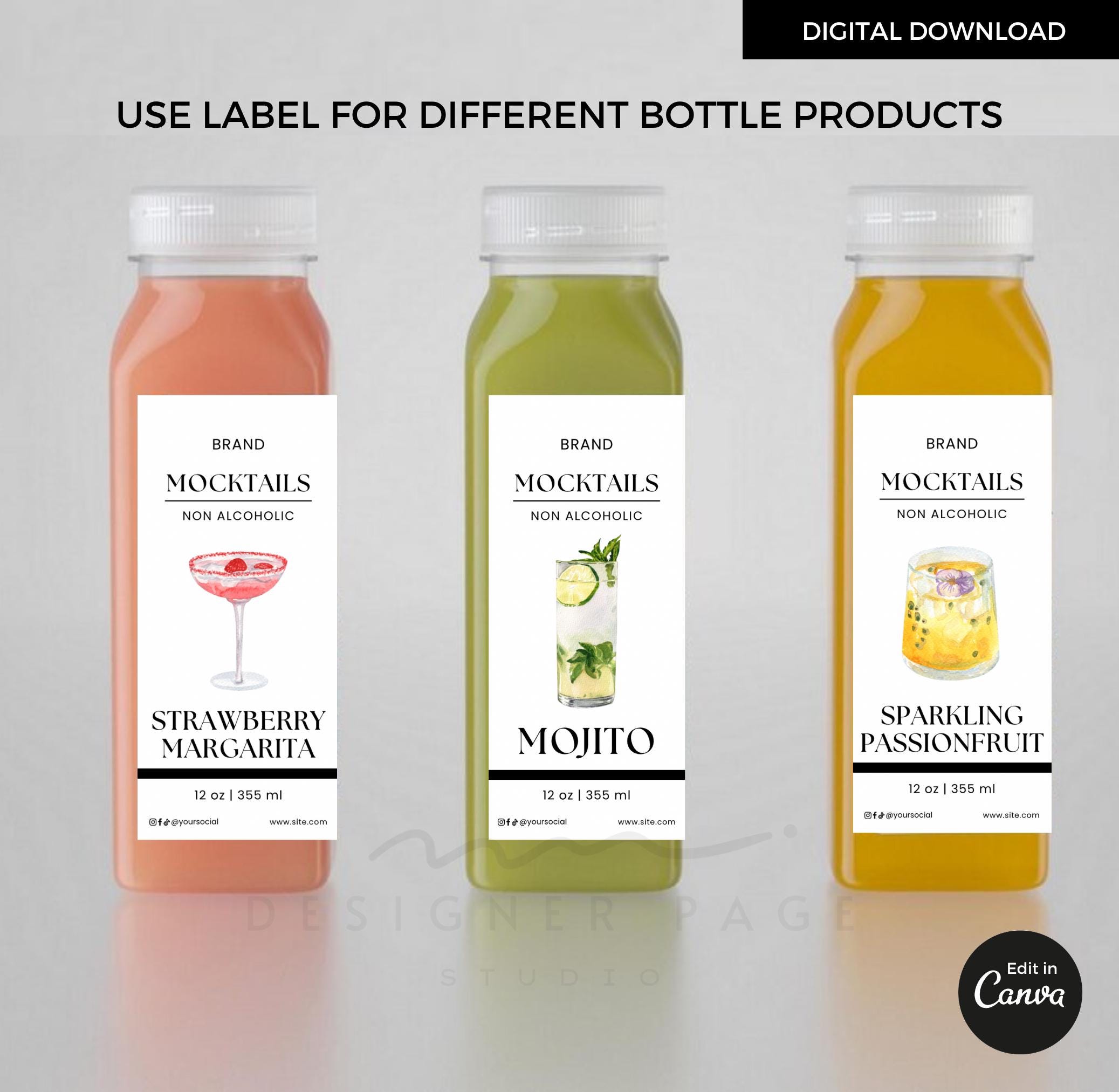 Editable Mocktail Juice Bottle Labels Template Canva, Fresh Fruit Juice ...