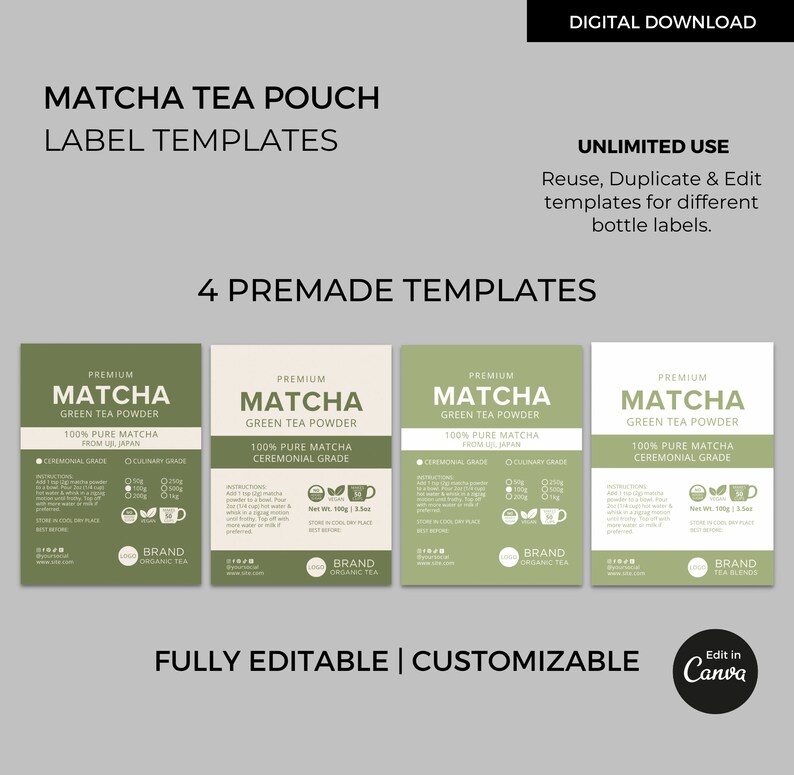 Matcha Tea Labels Template Editable Canva, Matcha Powder Tea Bag Label ...