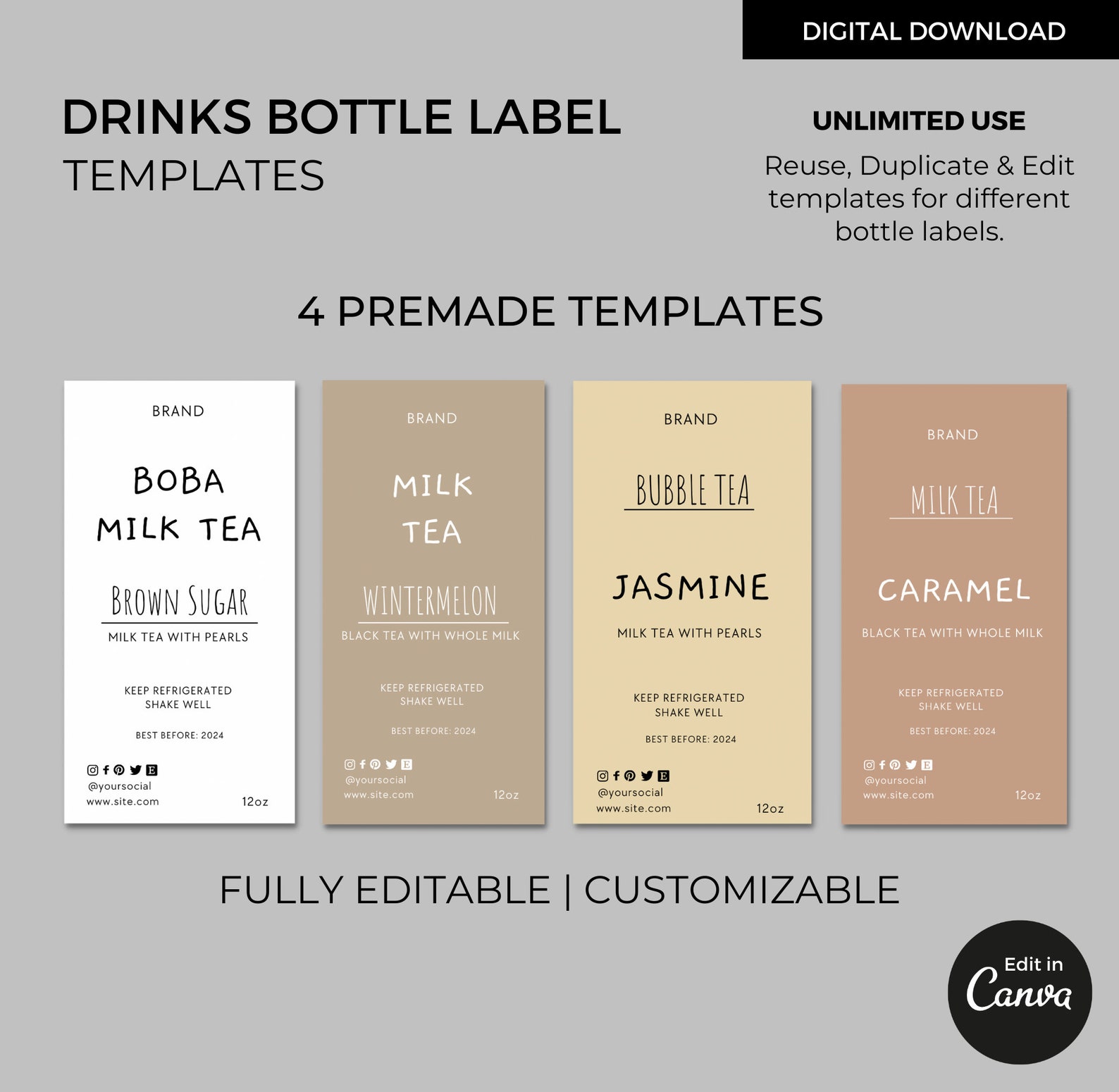 Editable Boba Milk Tea Bottle Labels Template Canva, Drinks Label ...