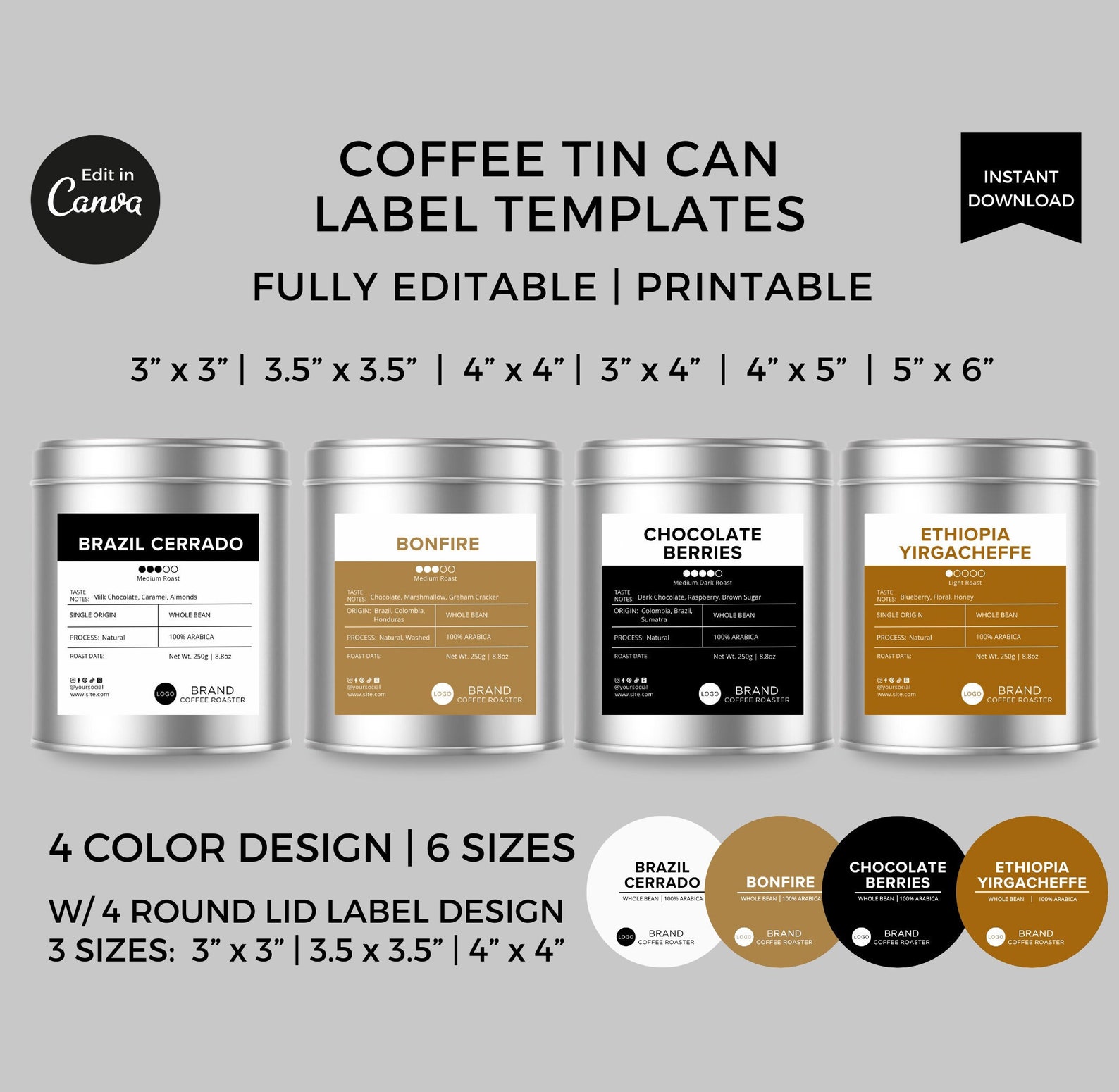 Editable Coffee Tin Can Labels Template Canva, Custom Coffee Labels ...