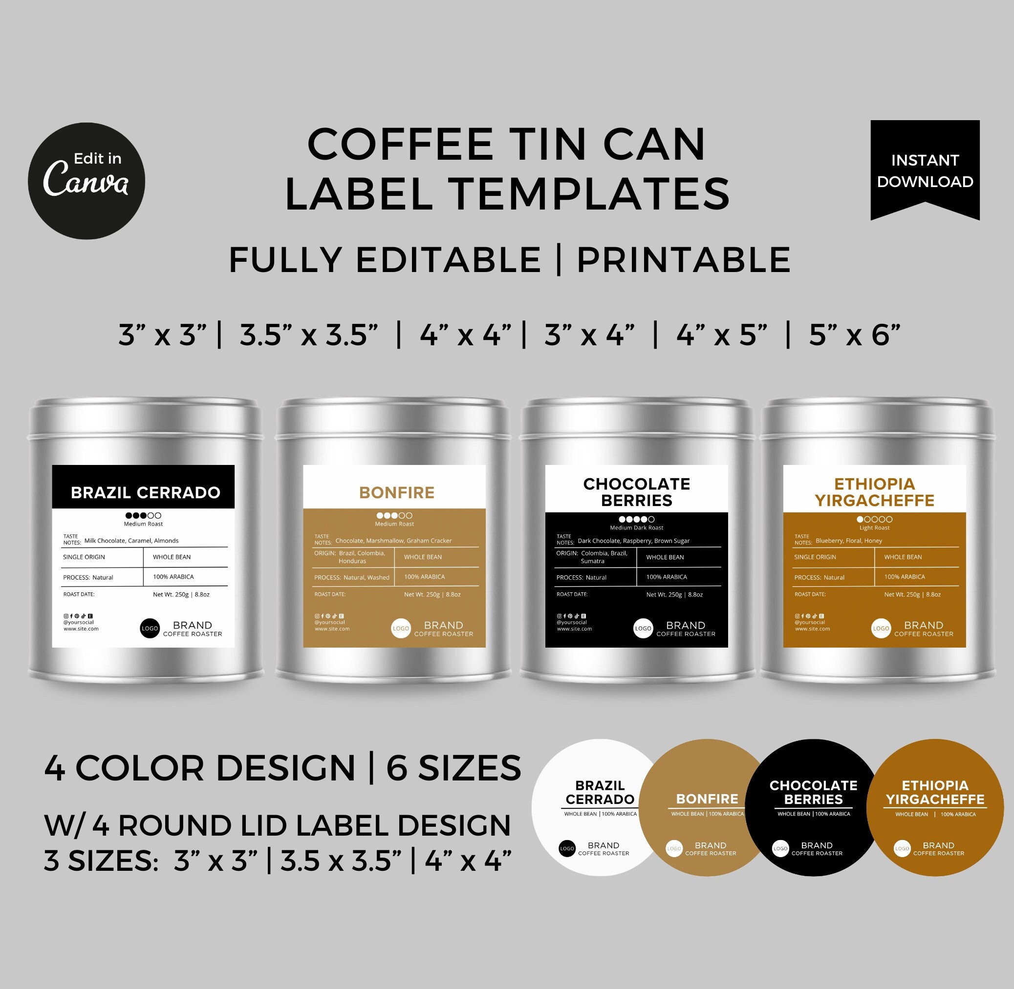 Editable Coffee Tin Can Labels Template Canva, Custom Coffee Labels ...