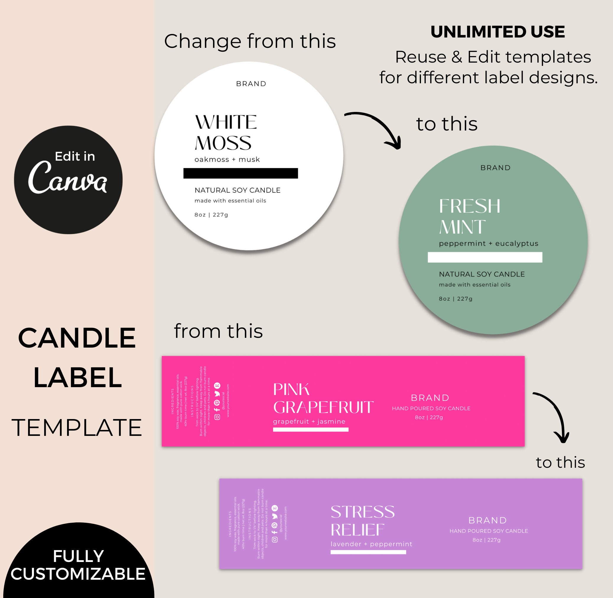 Candle Tin Labels Canva Template, Round Candle Label Template Editable ...