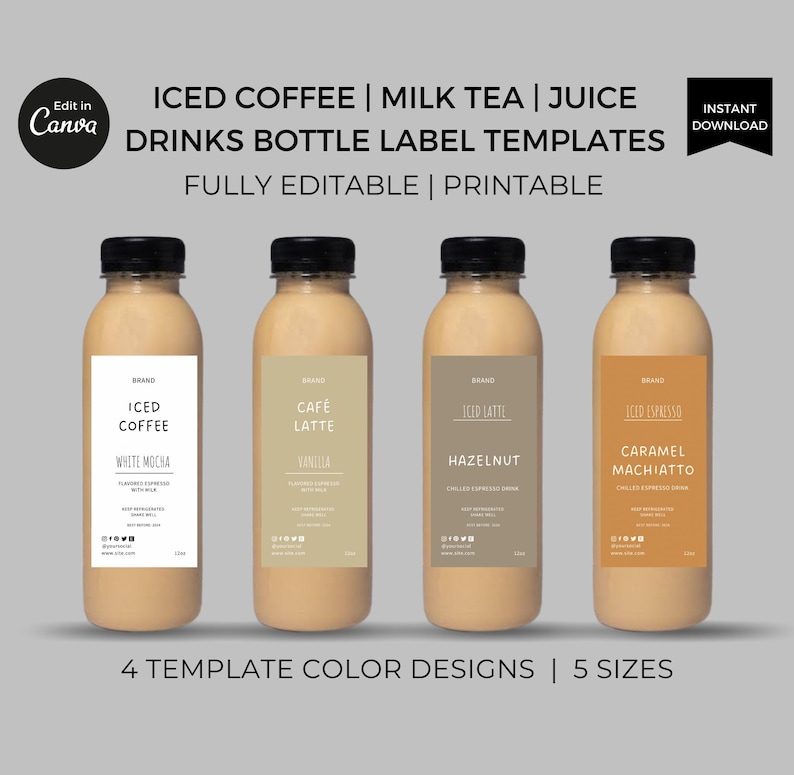 Editable Iced Coffee Bottle Labels Template Canva, Drinks Label Design ...