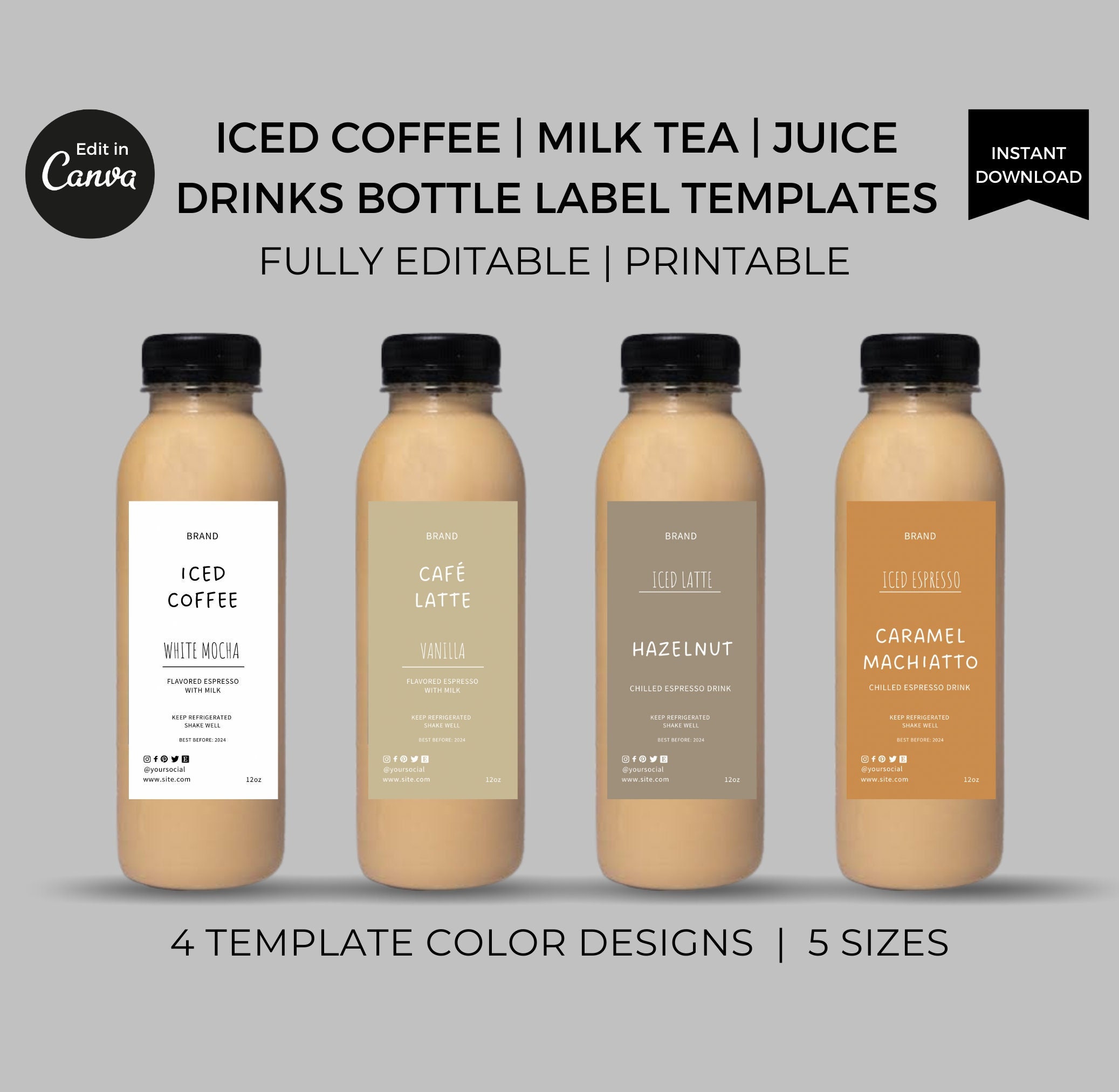 Editable Iced Coffee Bottle Labels Template Canva, Drinks Label Design ...