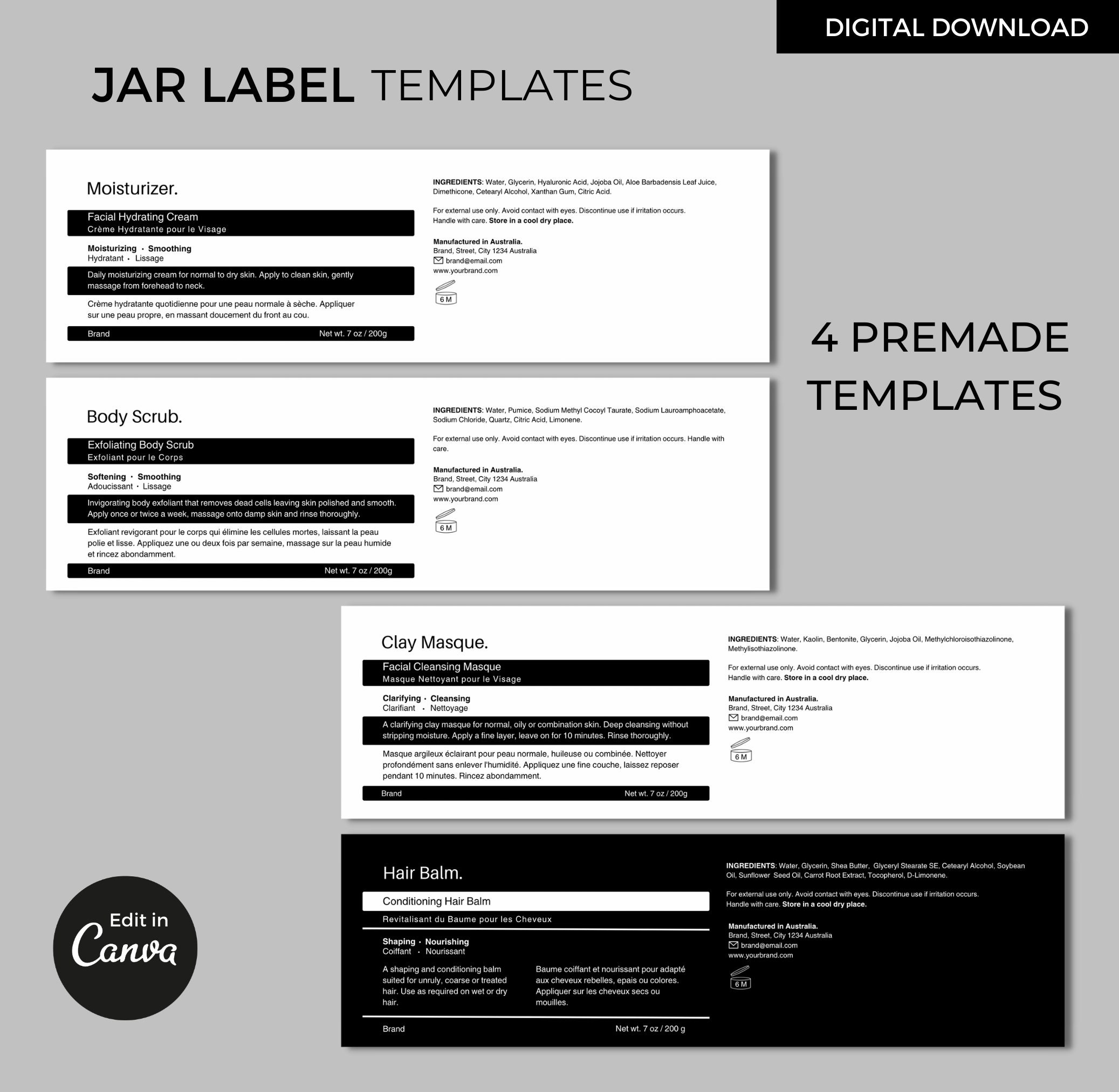 Minimalist Cosmetic Jar Labels Template Canva, Editable Product Label ...