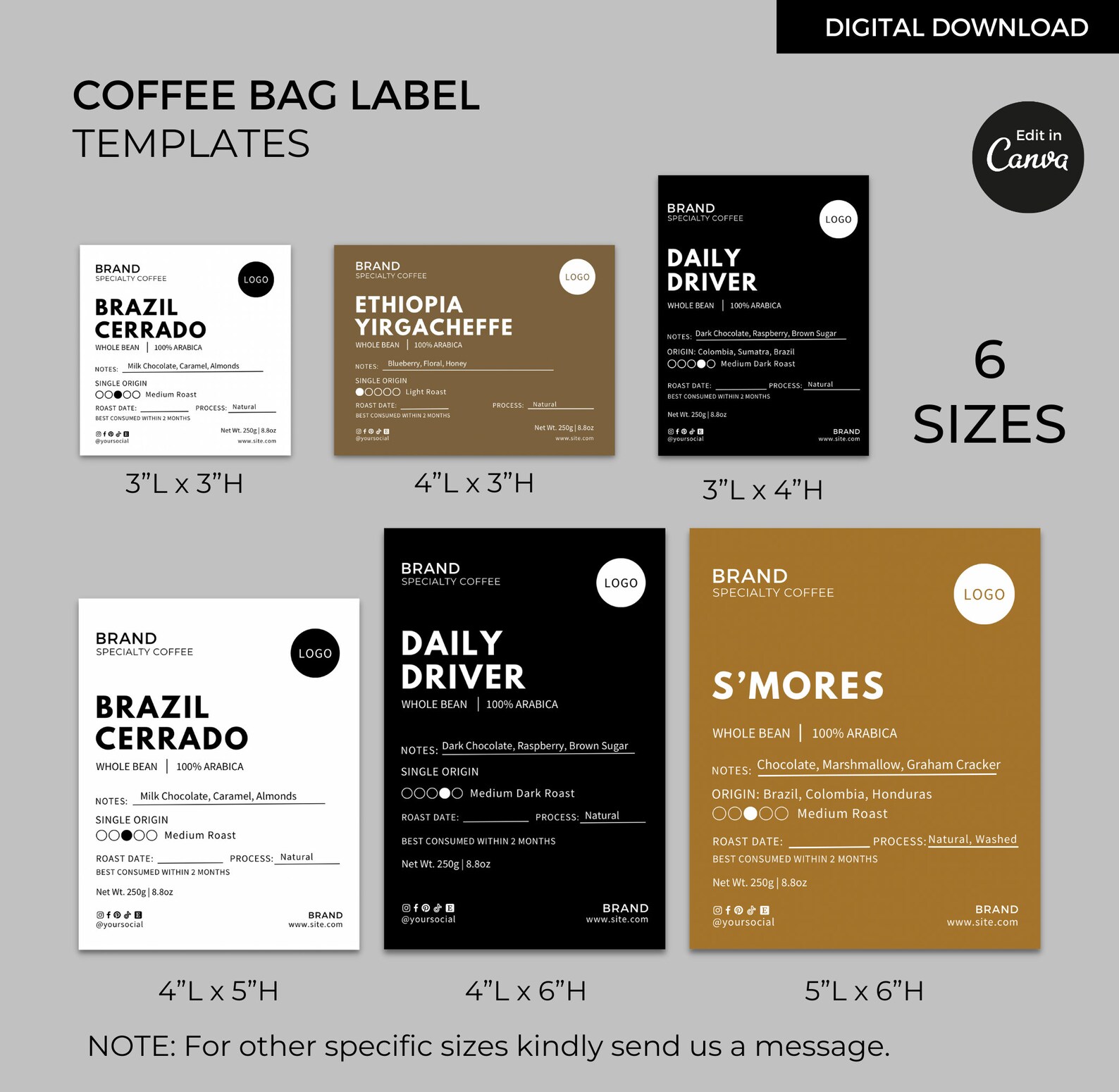 Editable Coffee Bag Labels Template Canva, Coffee Beans Pouch Label ...