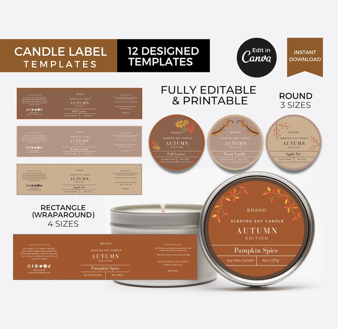Autumn Candle Tin Labels Template Canva, Candle Label Stickers Editable ...
