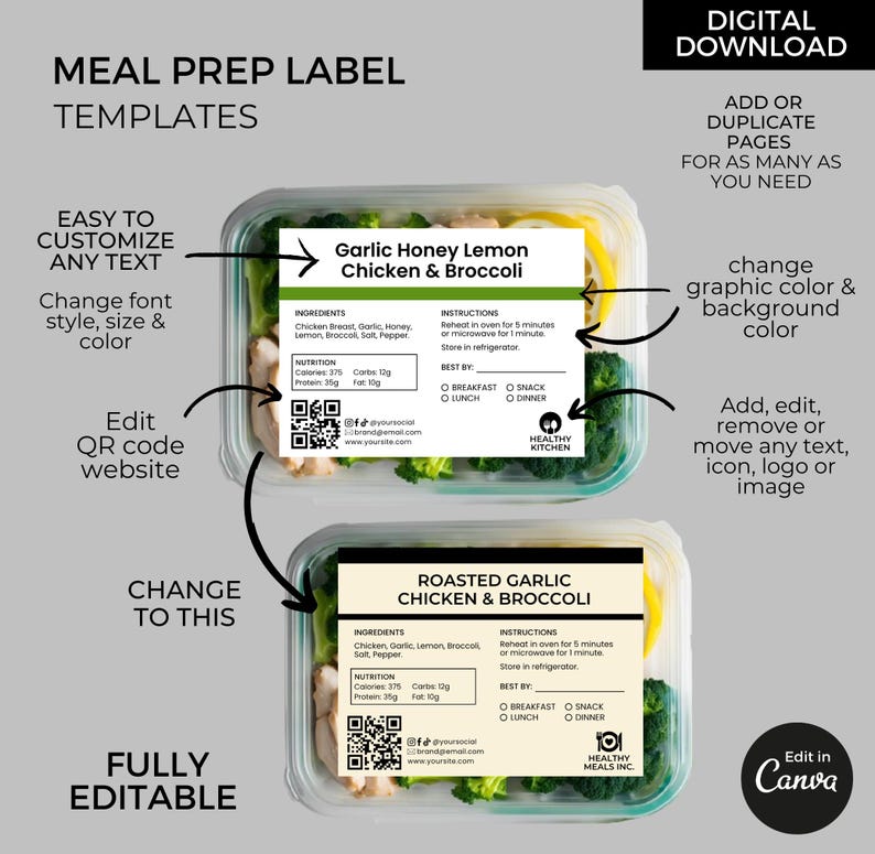 Editable Meal Prep Labels Template Canva, Packed Meals Label Sticker ...