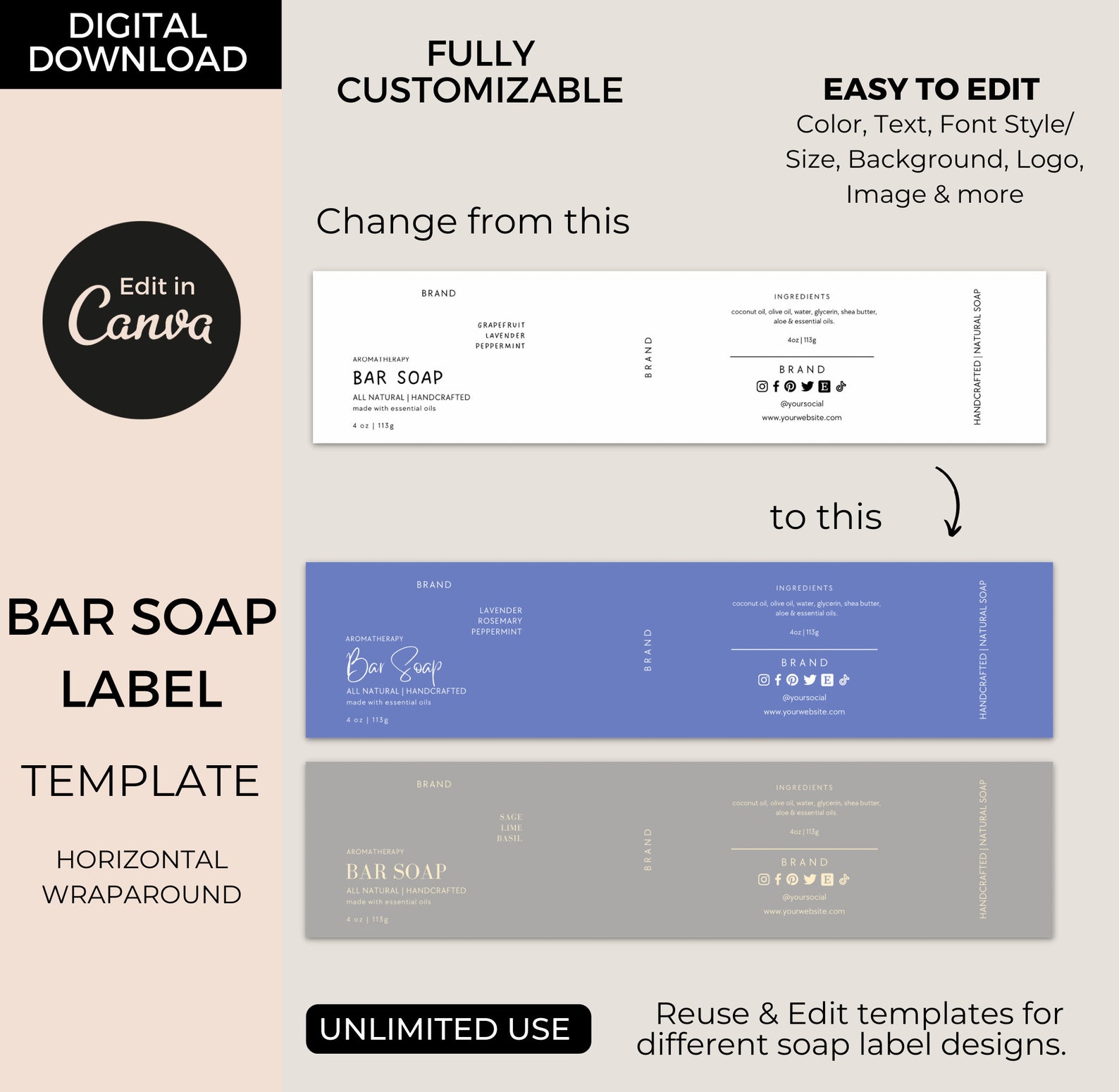 Editable Bar Soap Label Template Canva, Soap Labels Printable, Soap ...