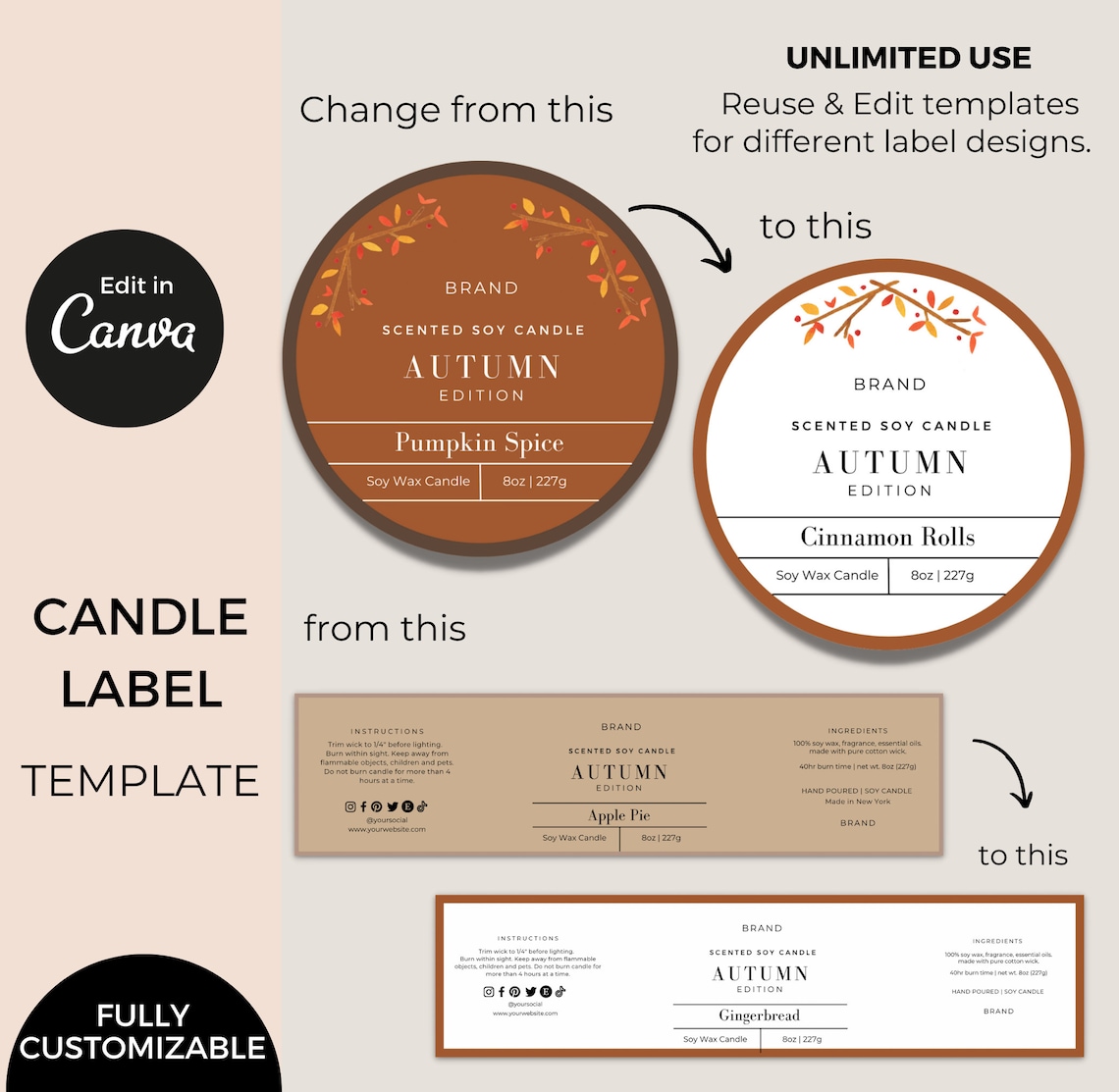 Autumn Candle Tin Labels Template Canva, Candle Label Stickers Editable ...