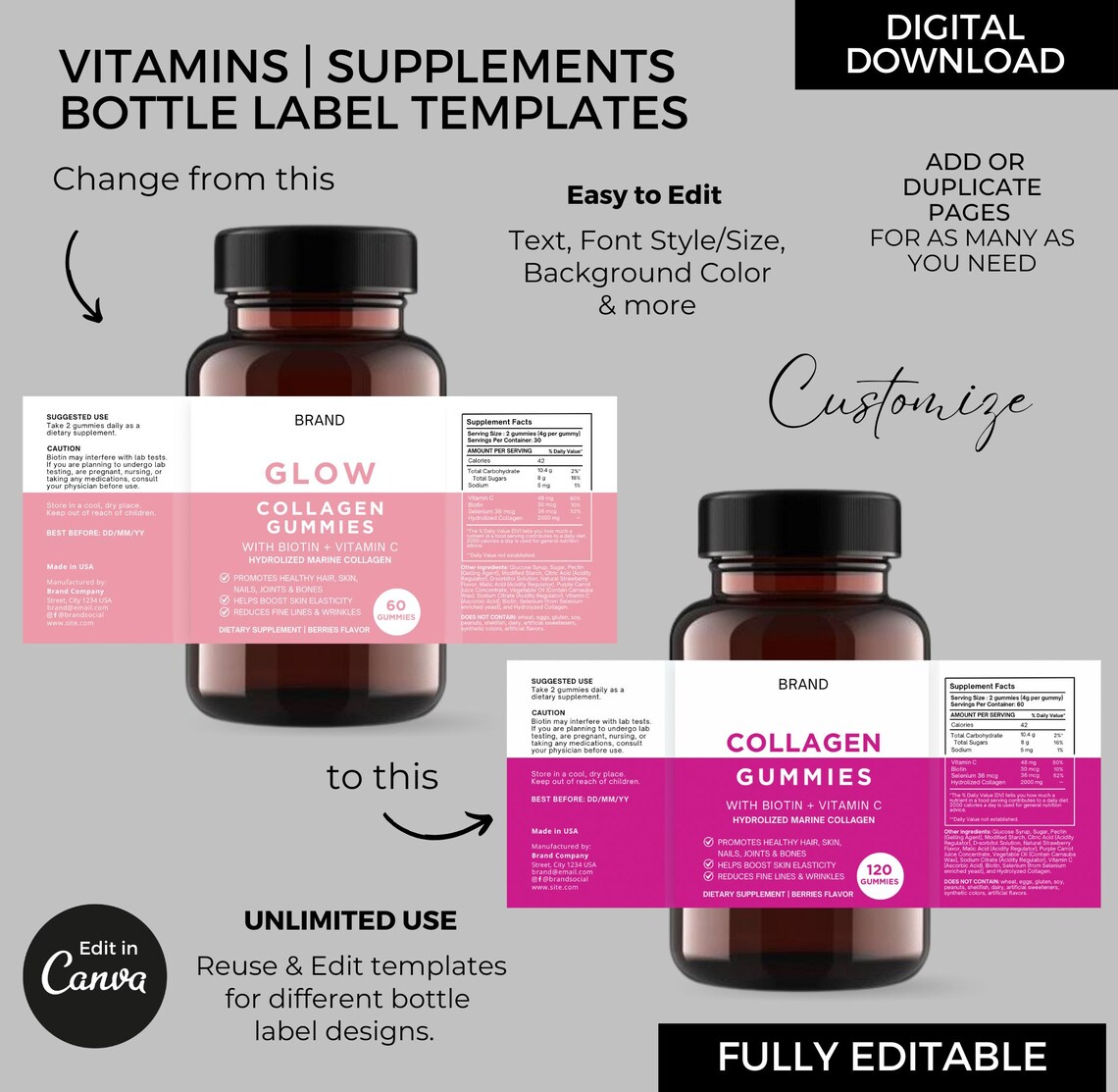 Collagen Supplements Bottle Labels Template Canva Editable, Printable ...