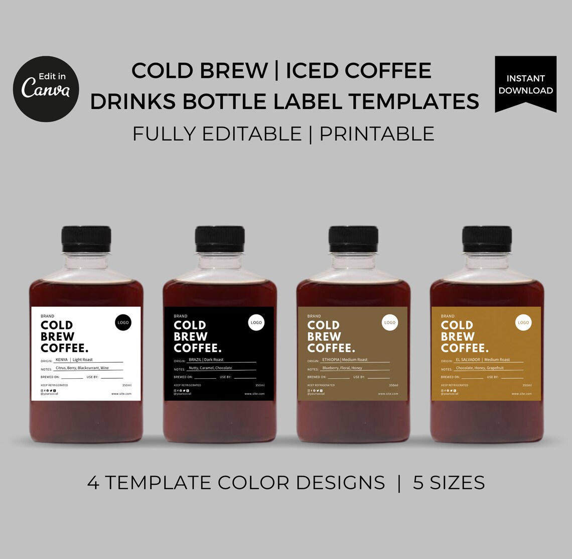 Editable Cold Brew Coffee Bottle Labels Template Canva, Drink Label ...