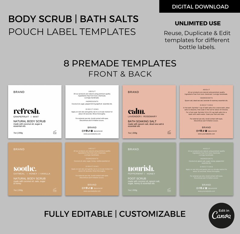 Bath Salts Pouch Label Template Editable Canva, Printable Body Scrub ...