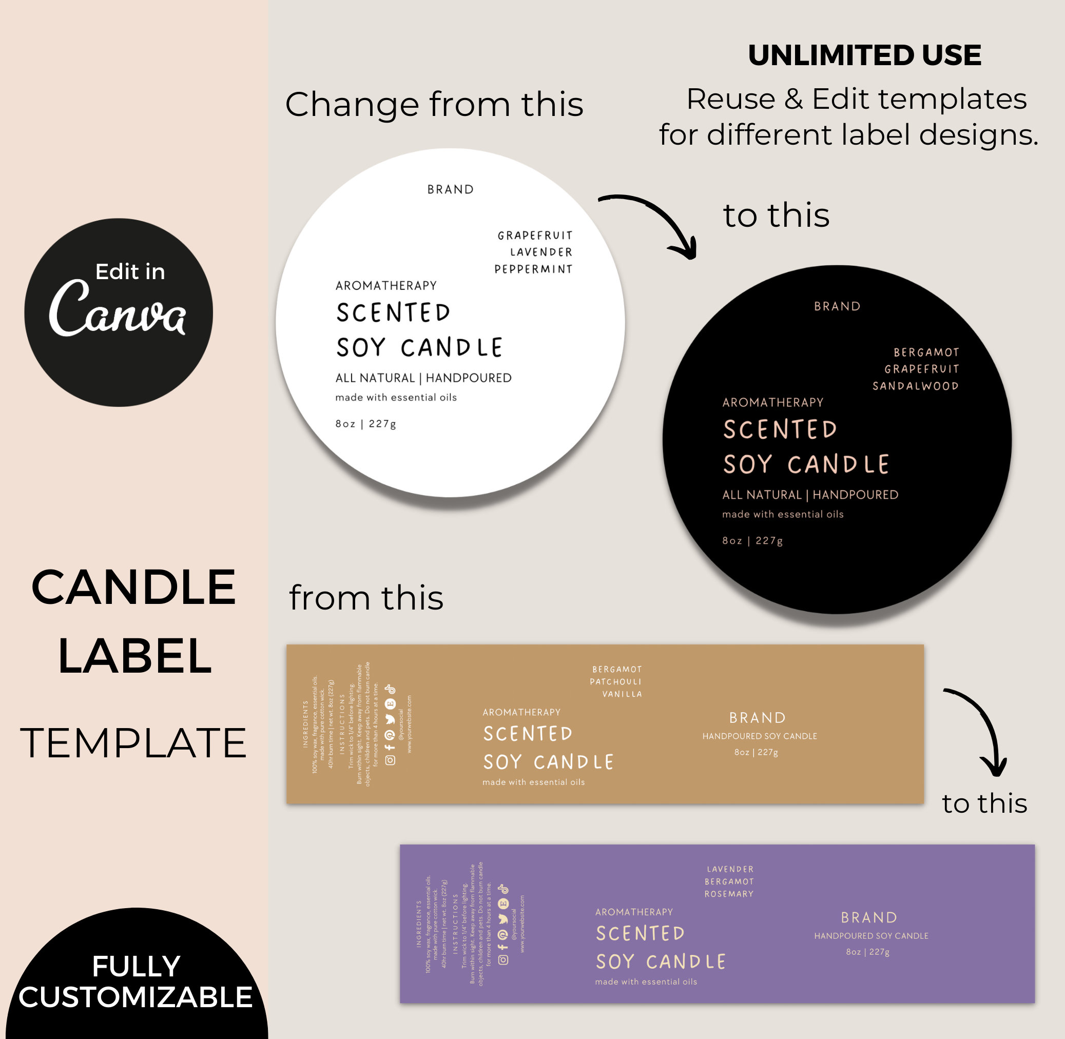 Editable Candle Tin Labels Template Canva, Candle Round Labels, Modern ...