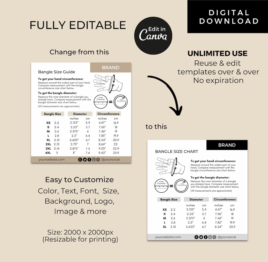 Editable Bangle Size Chart Template Canva, Printable Bracelet Size ...
