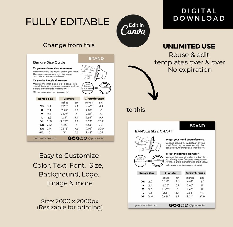 Editable Bangle Size Chart Template Canva, Printable Bracelet Size ...