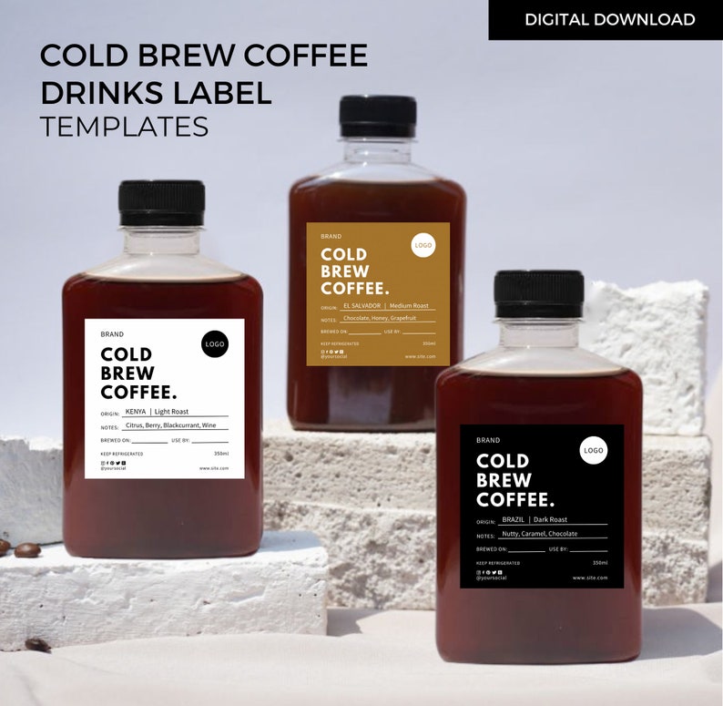 Editable Cold Brew Coffee Bottle Labels Template Canva, Drink Label ...