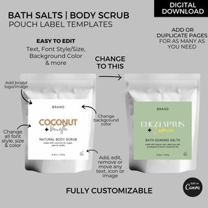 Editable Bath Salts Pouch Labels Template Canva, Printable Body Scrub ...