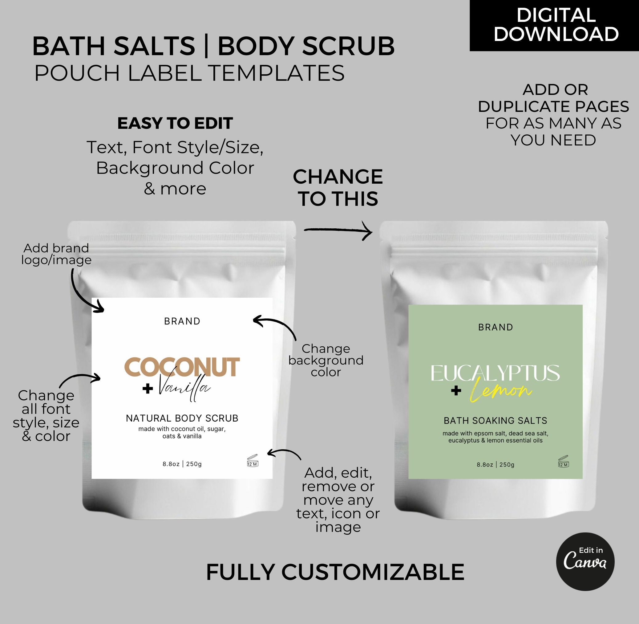 Editable Bath Salts Pouch Labels Template Canva, Printable Body Scrub ...