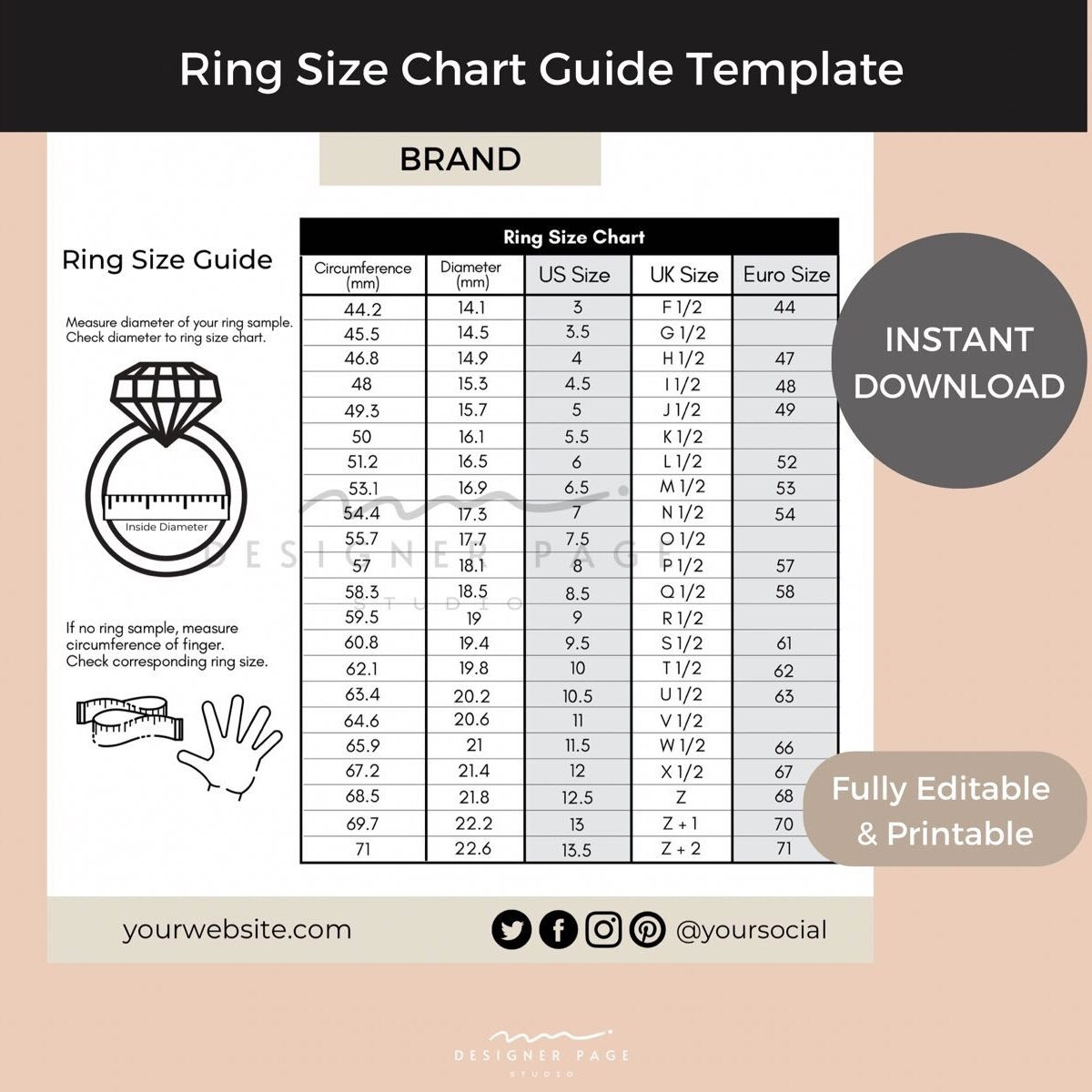 Ring Size Chart Template Editable Printable Jewelry Accessory Rings ...