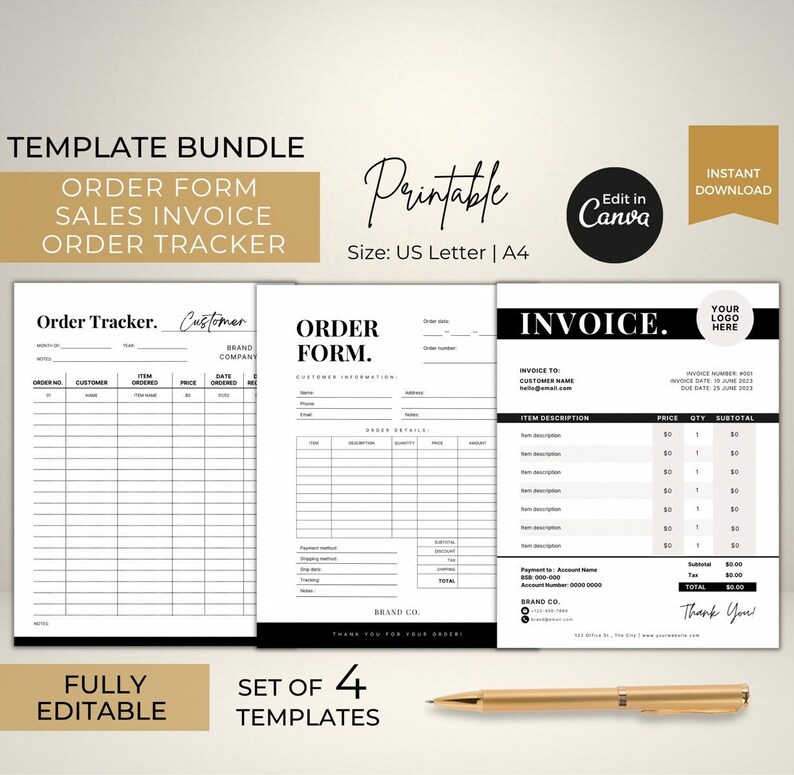 Editable Order Form Template Canva, Printable Customer Sales Invoice ...