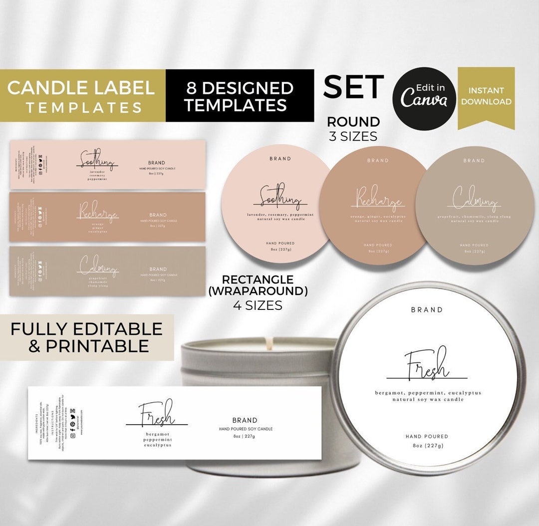 Candle Label Template Round Editable, Modern Candle Labels Stickers ...