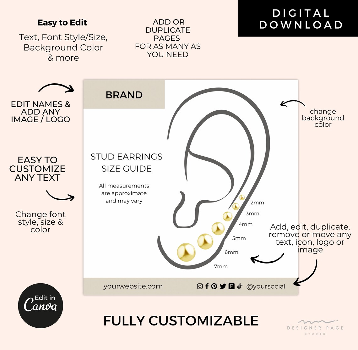 Editable Earrings Size Chart Template Canva, Printable Hoop Earrings ...