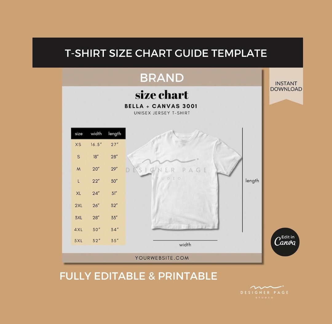 Editable Tshirt Size Chart Template Canva, Unisex Cotton T-shirt Mockup ...