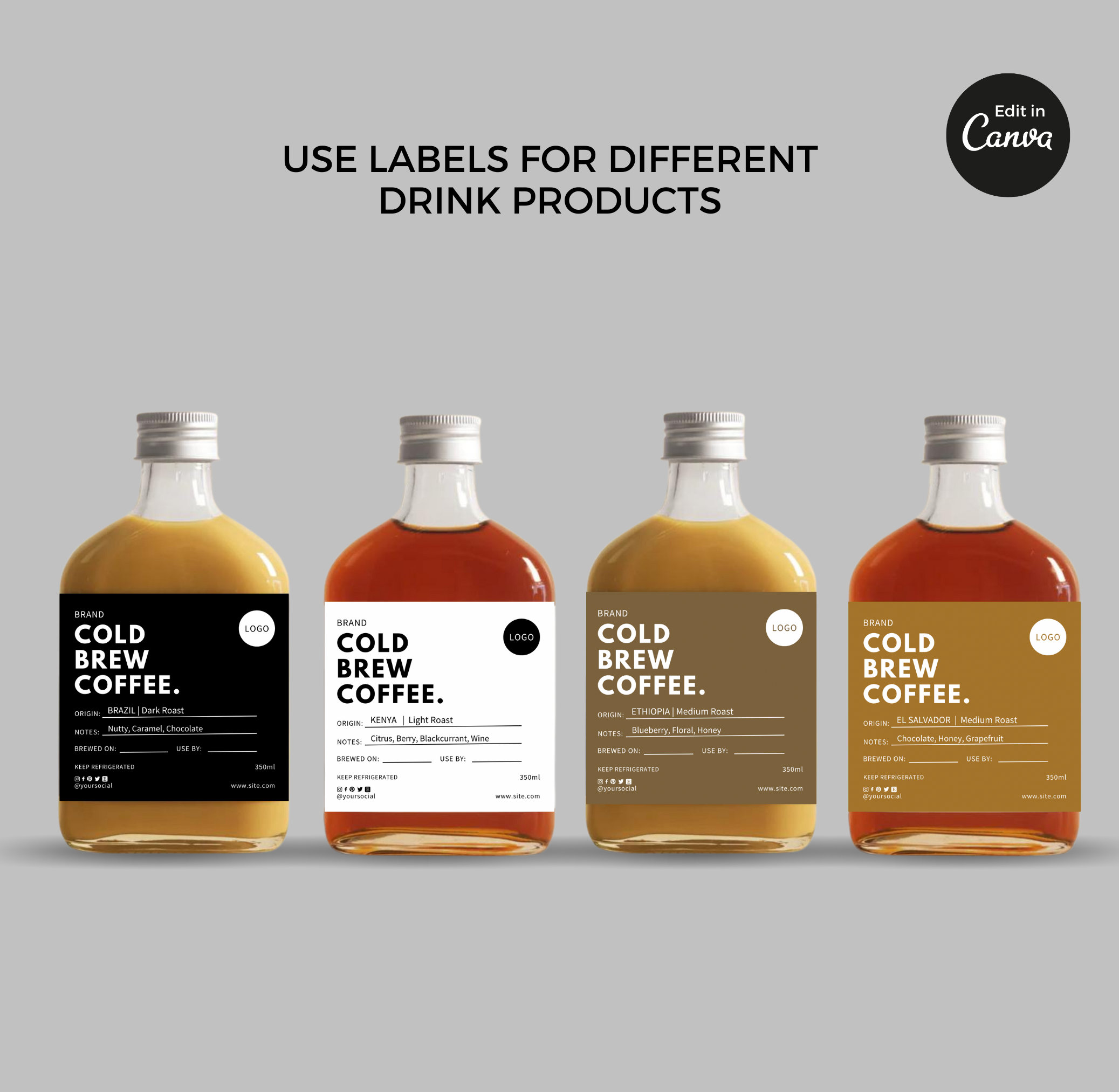 Editable Cold Brew Coffee Bottle Labels Template Canva, Drink Label ...