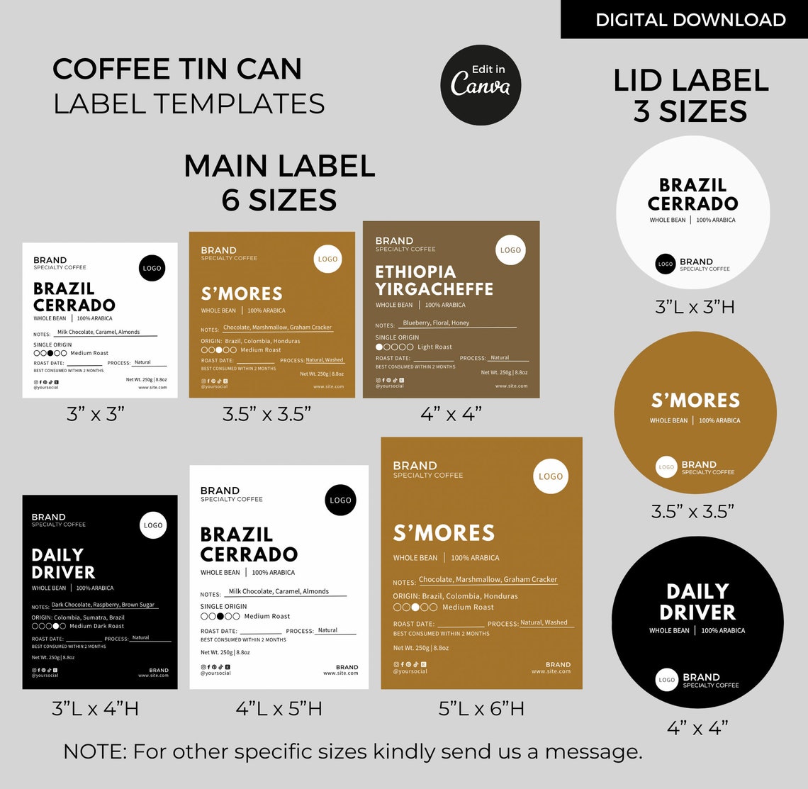 Coffee Tin Can Labels Template Editable Canva, Custom Coffee Labels, Coffee Beans Canister Label ...