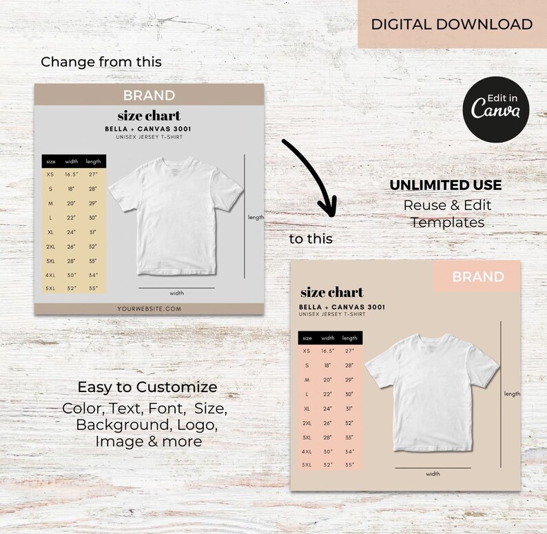 Editable Tshirt Size Chart Template Canva, Unisex Cotton T-shirt Mockup ...