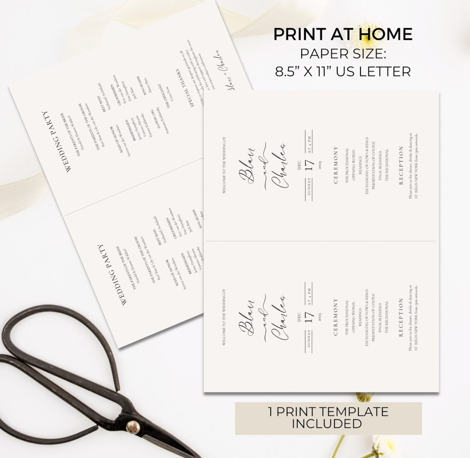 Editable Modern Wedding Program Card Template Canva, Printable Wedding ...