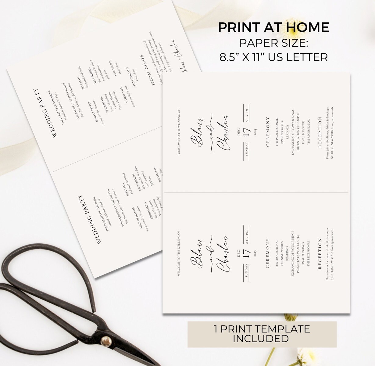 Editable Modern Wedding Program Card Template Canva, Printable Wedding ...