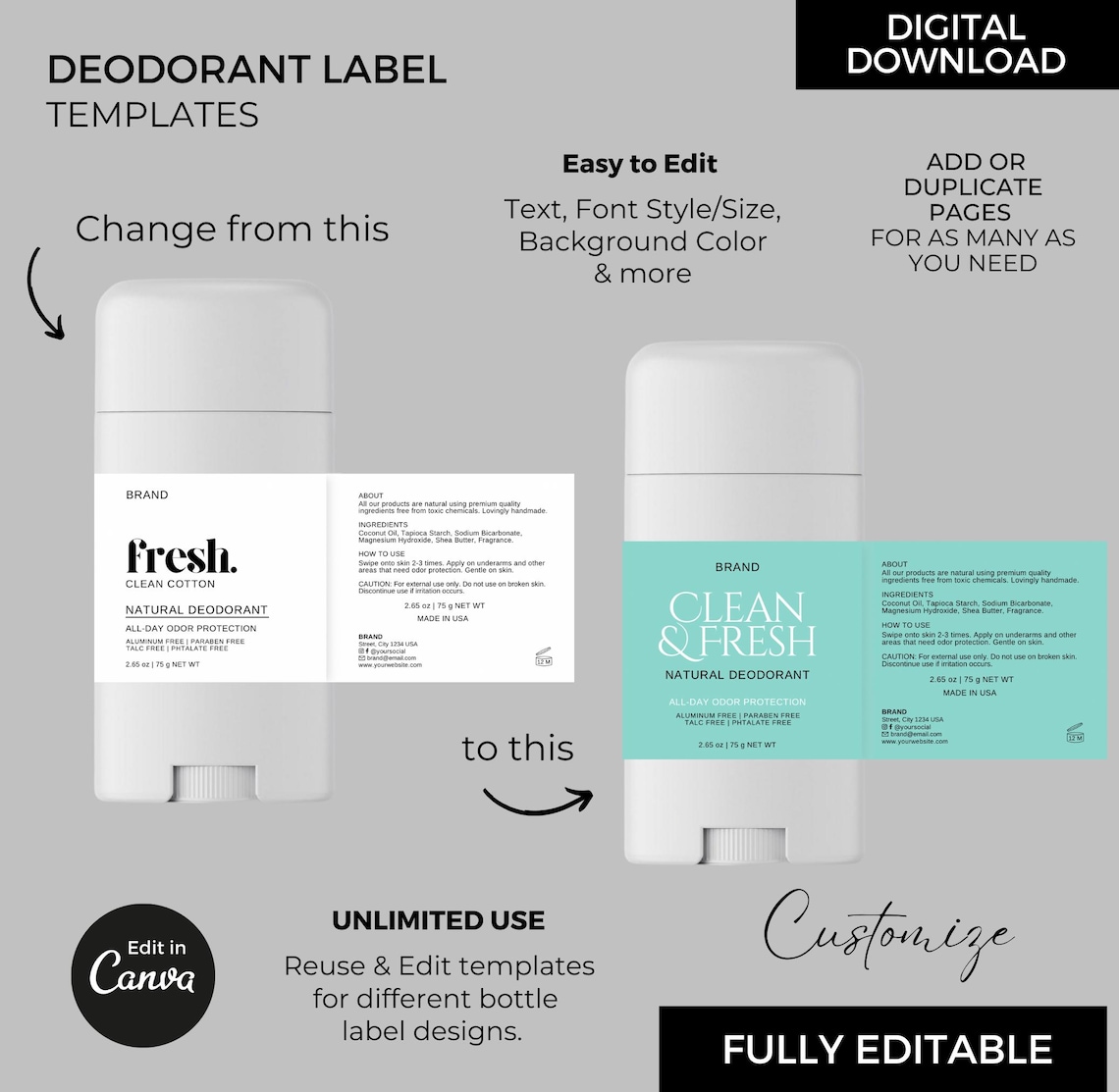 Deodorant Labels Template Canva Editable, Printable Deodorant Tube ...