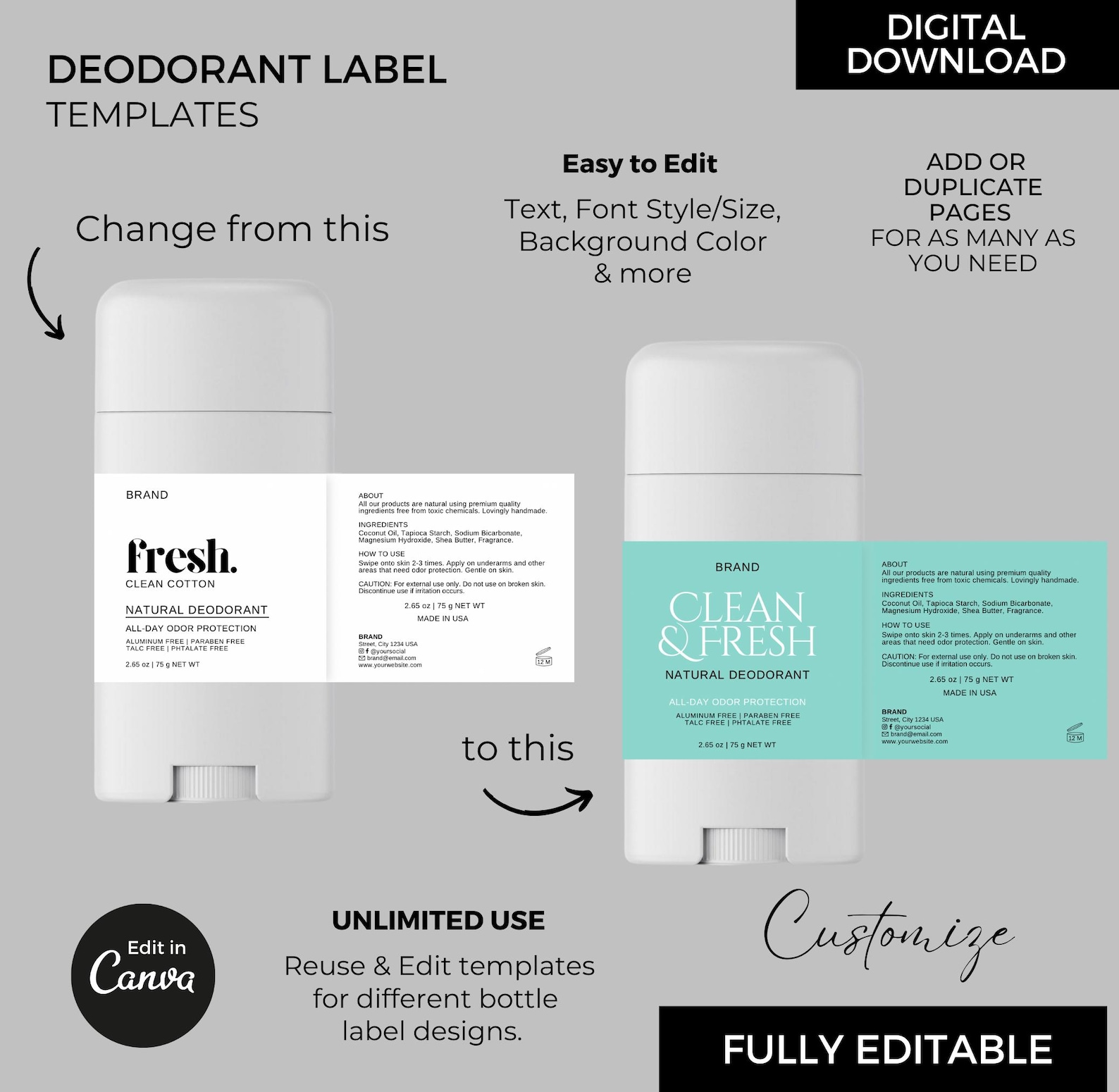Deodorant Labels Template Canva Editable, Printable Deodorant Tube ...