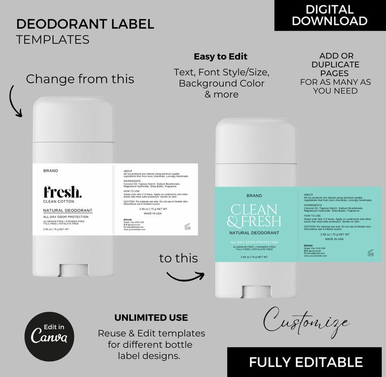 Deodorant Labels Template Canva Editable, Printable Deodorant Tube ...
