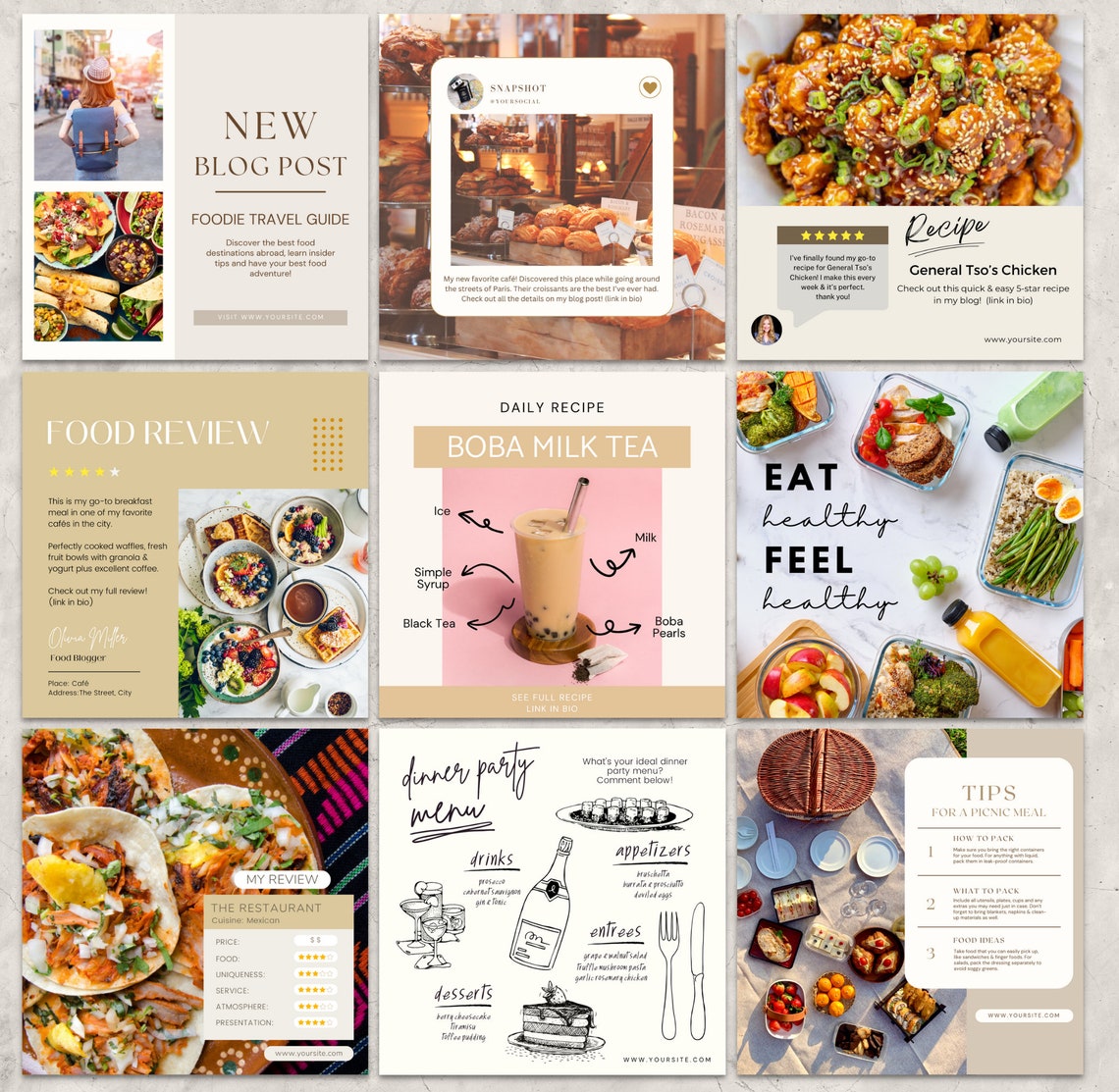 Food Blogger Instagram Post Templates Canva, Editable Recipe Templates ...