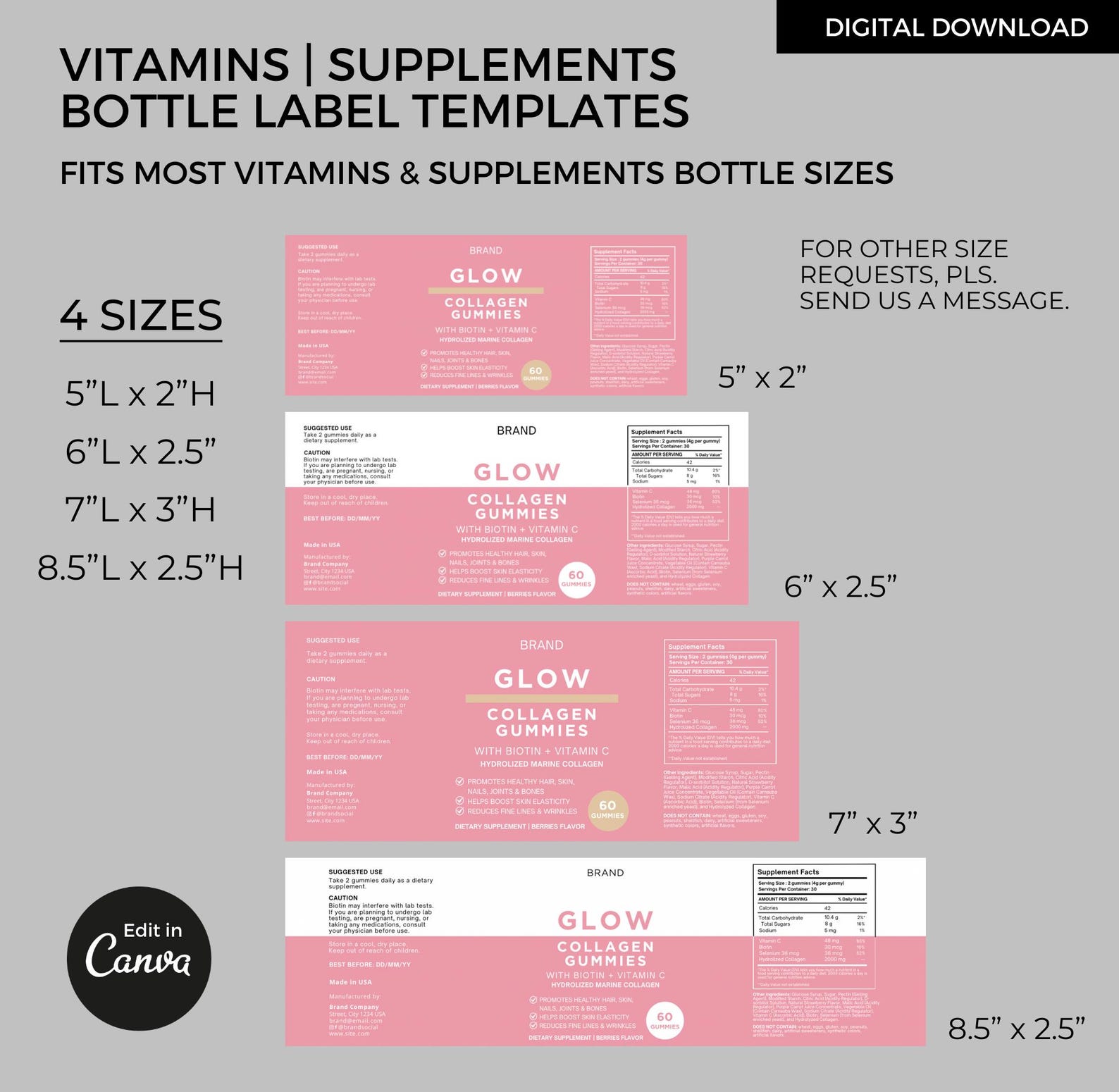 Collagen Supplements Bottle Labels Template Canva Editable, Printable ...